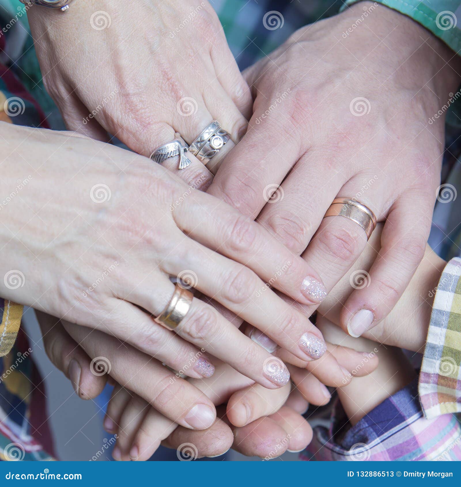 Closeup View of Young Caucasian People Connecting Their Hands Together ...
