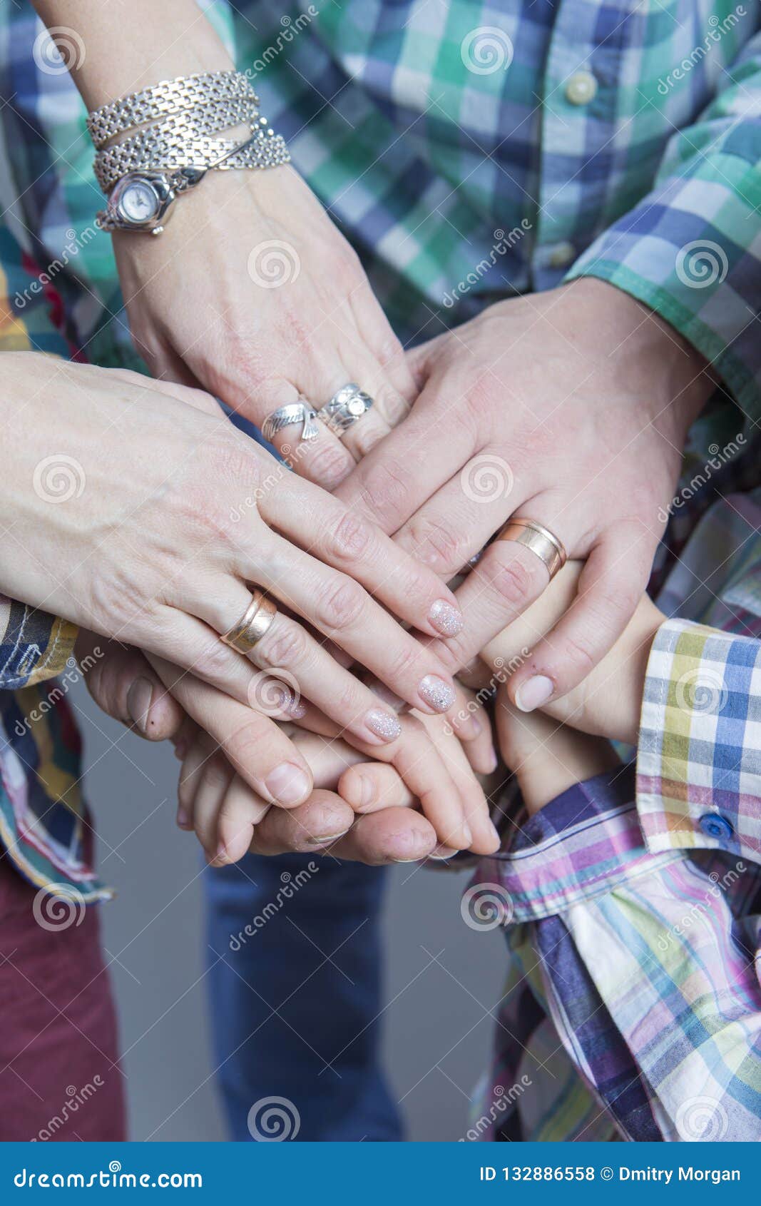 Closeup View of Young Caucasian People Connecting Their Hands Together ...