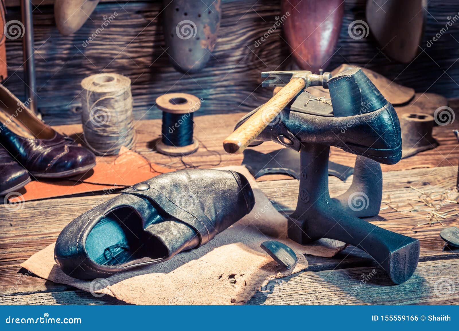 Vintage Shoemaker Workshop with Tools and Shoes Stock Photo - Image of ...