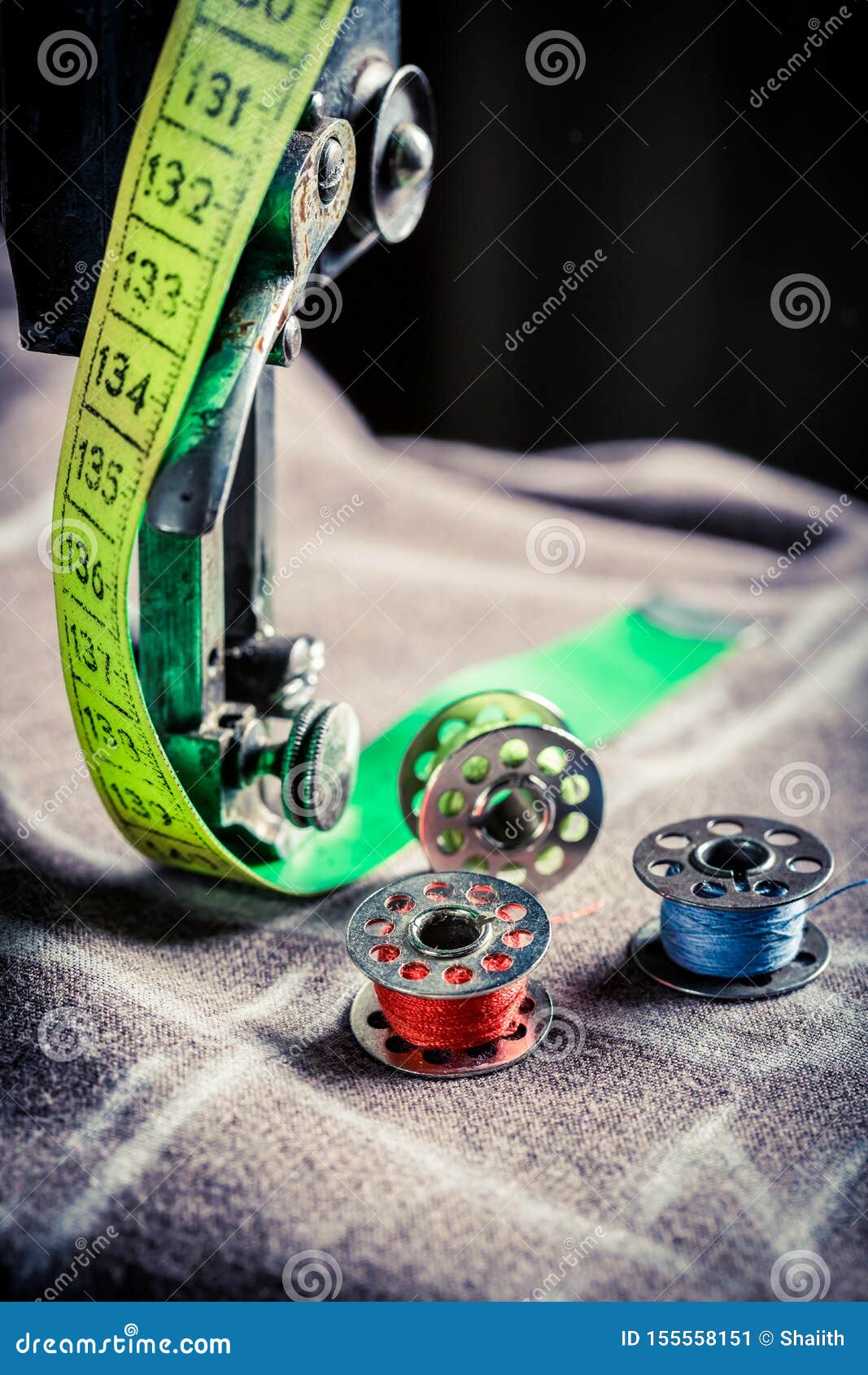 Vintage Tailor Machine with Threads, Scissors and Cloth Stock Image ...