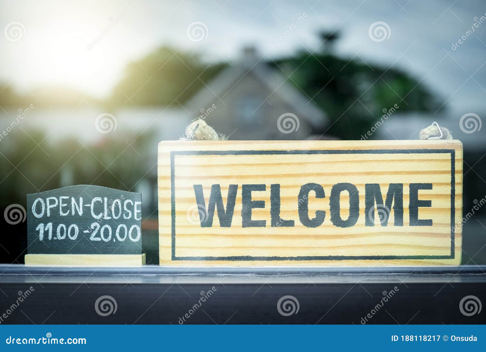 Closeup Welcome Sign and Opening Time Stock Image - Image of vintage ...