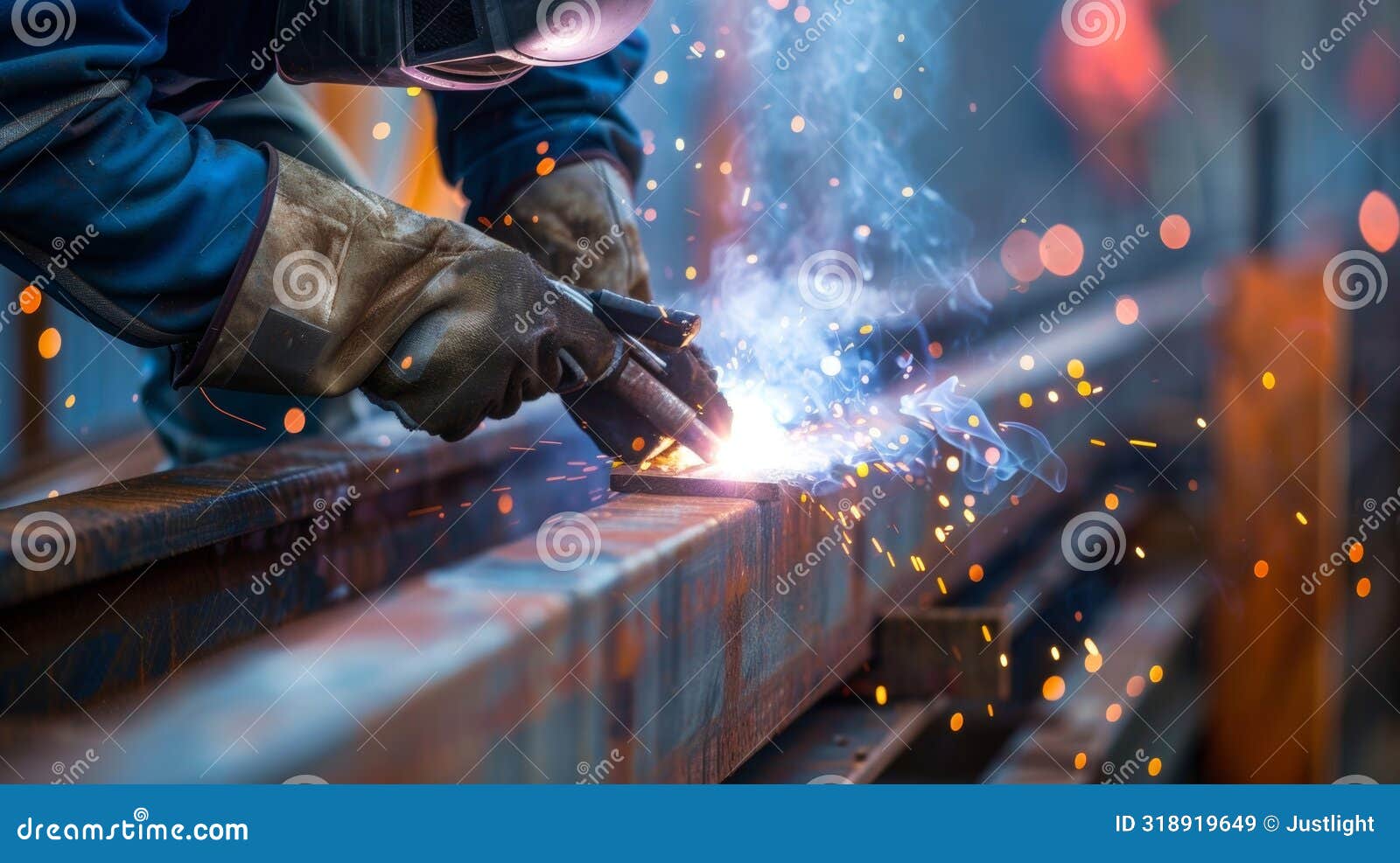 A Closeup of a Welder Carefully Joining Two Steel Beams Adding ...