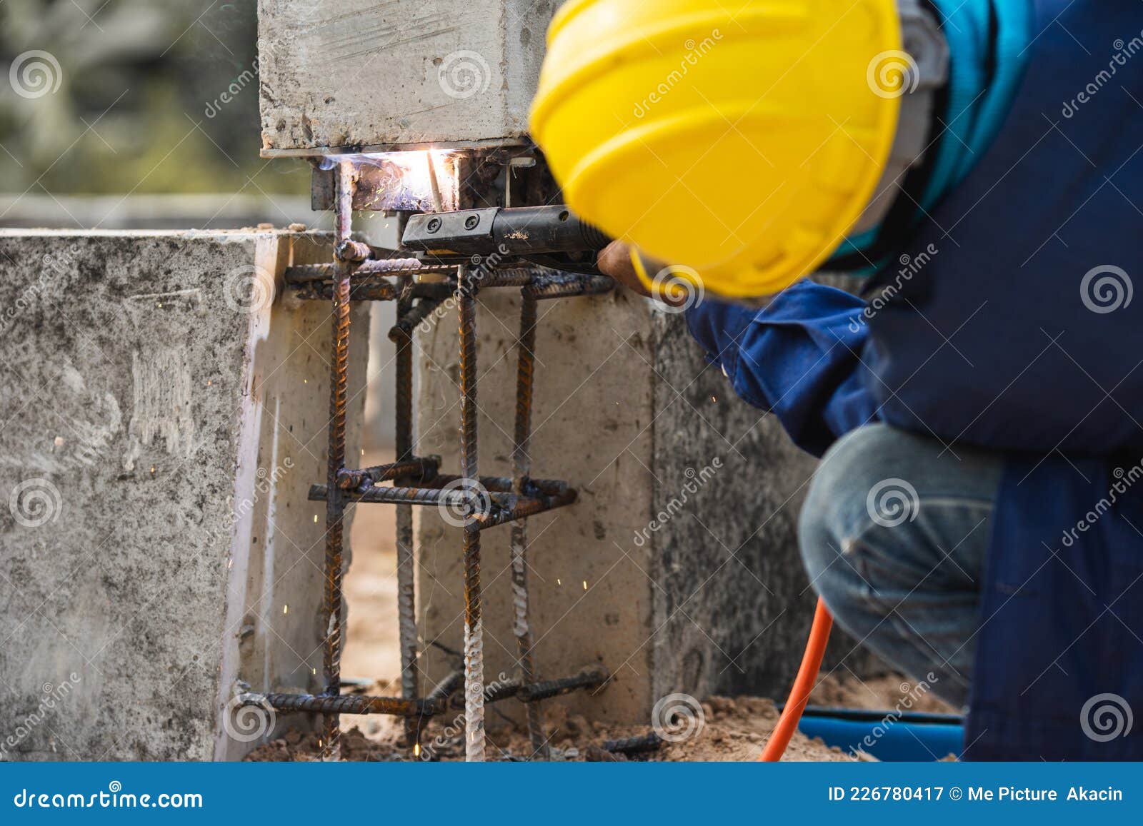 Closeup Welder Working Welding Assembly Structure Between Ground Beam ...