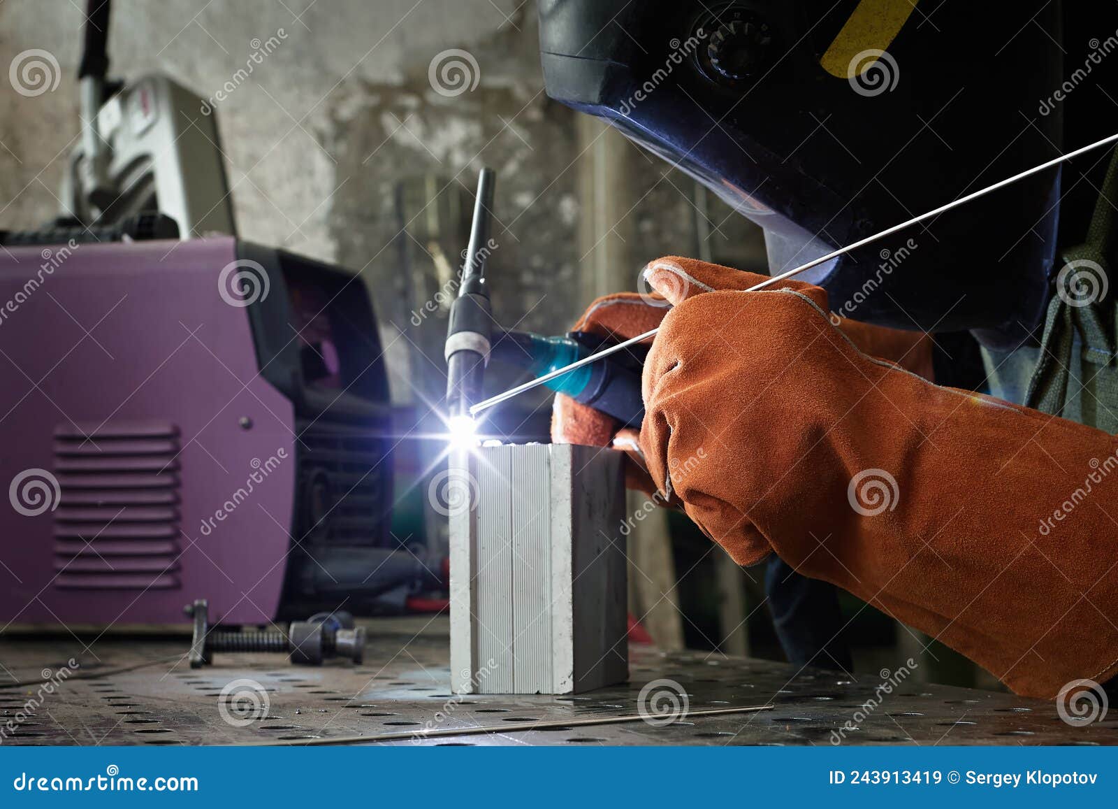Closeup Welder Working Welding Assembly Structure Between Ground Beam ...