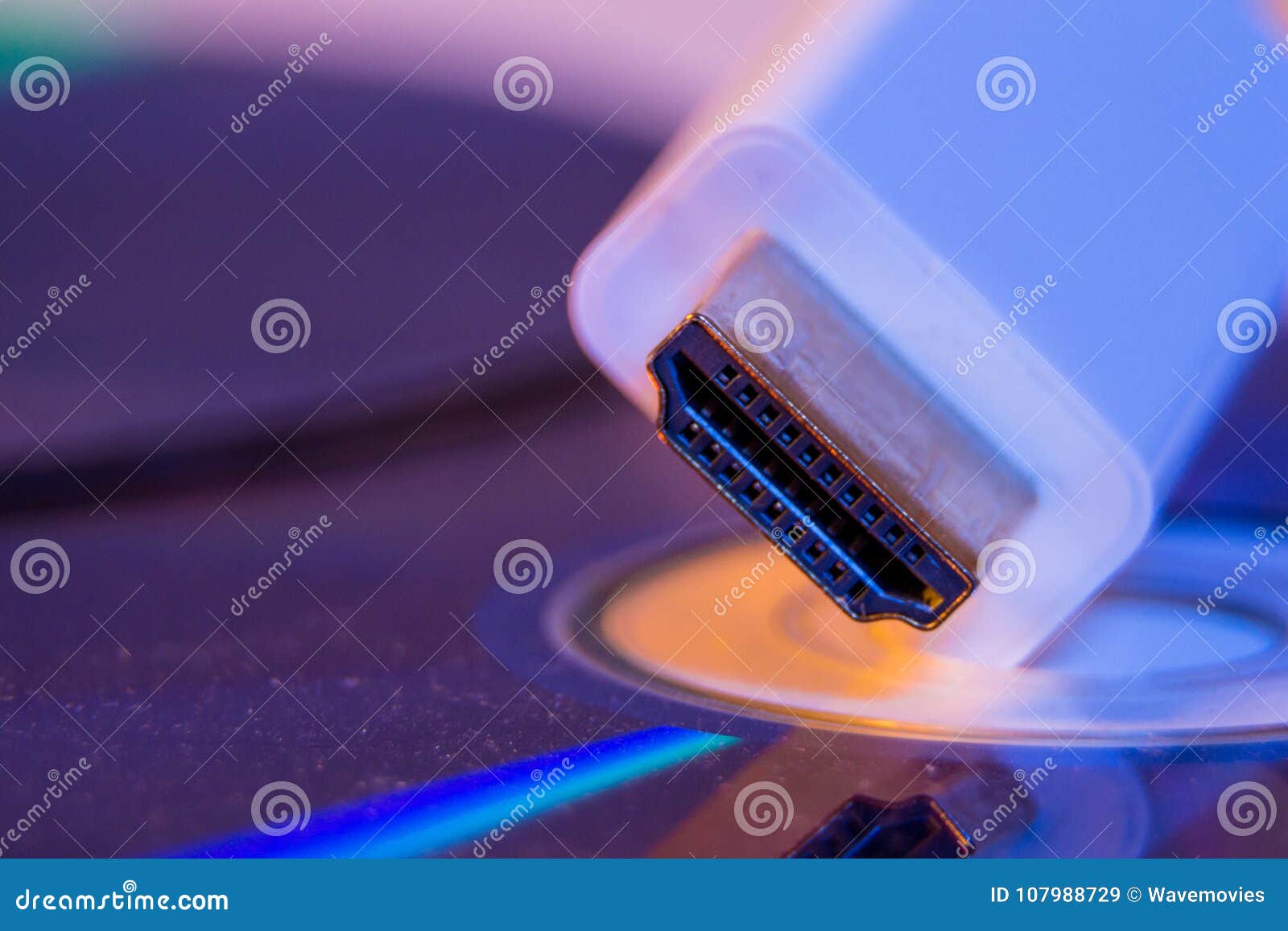 Closeup of White HDMI Cable with it`s Reflection on Blank Disc Stock ...