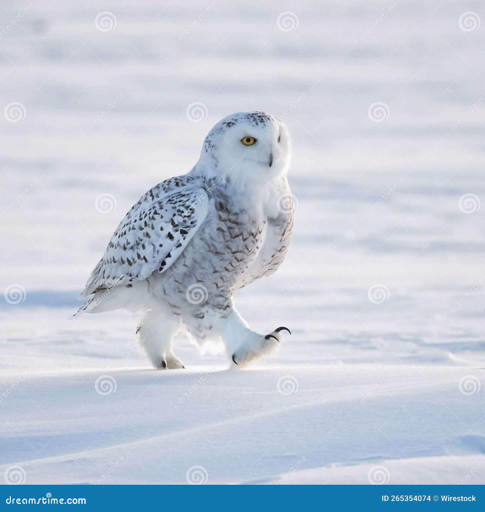 Closeup of a White Owl Walking on Snow in Winter Stock Photo - Image of ...