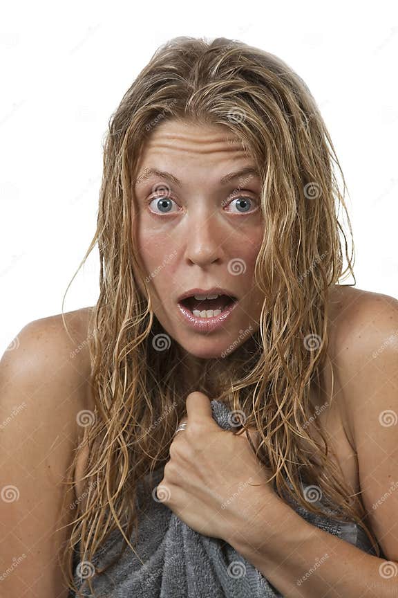 Closeup Of Woman Gets Out Of The Shower Surprised Stock Image Image