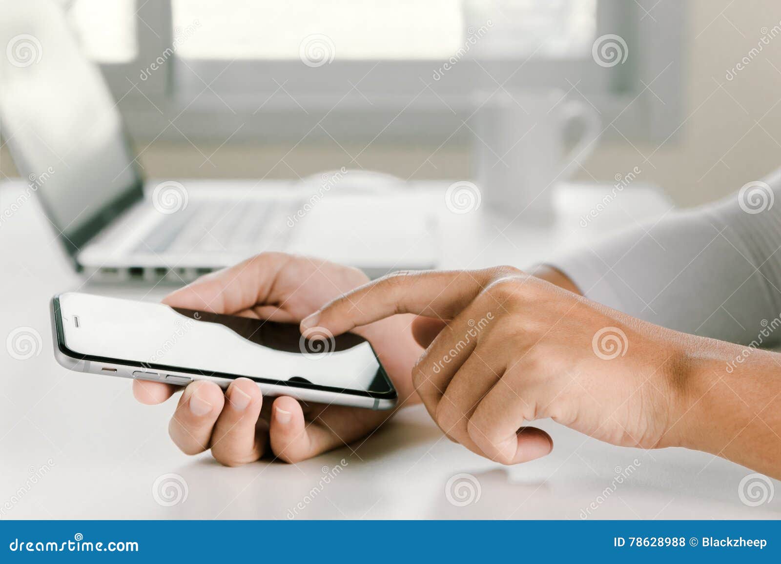Closeup Woman Hand Using Phone on Workspace in Office Stock Photo ...