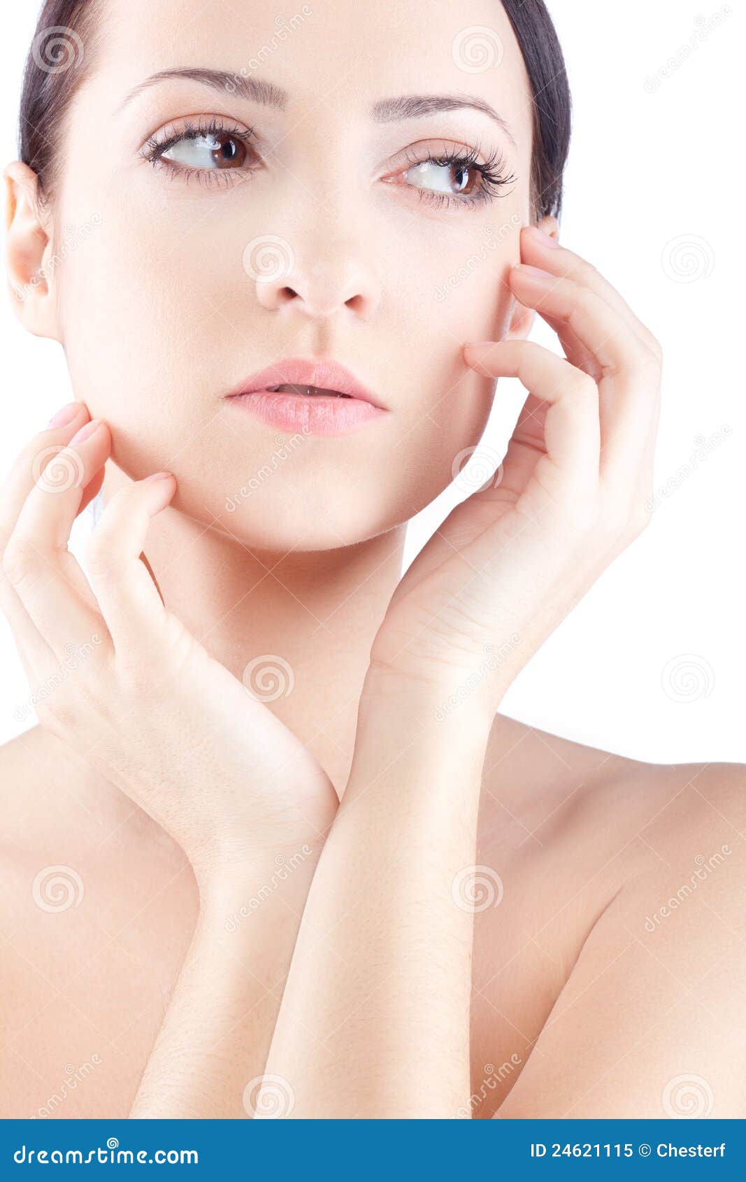 Closeup Woman Portrait With Two Hands Near Face Stock Image Image Of