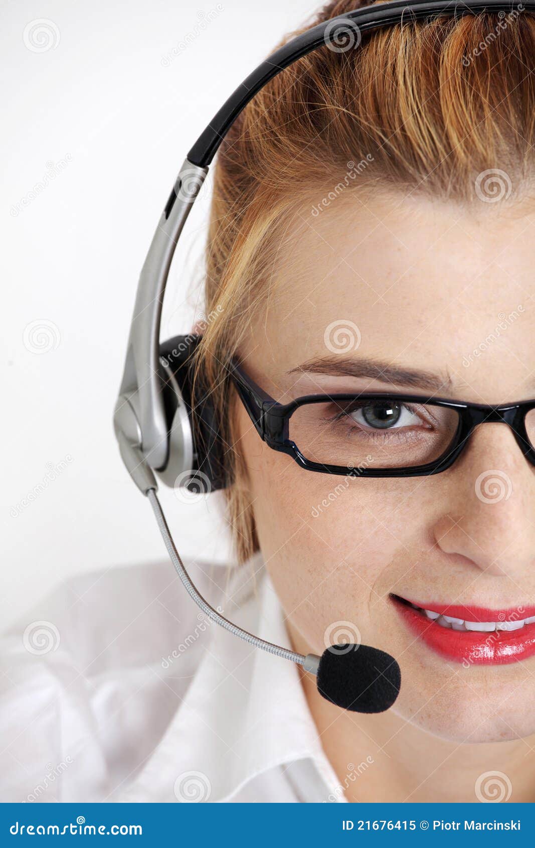 Closeup on Woman`s Face with Headset. Stock Image - Image of microphone ...