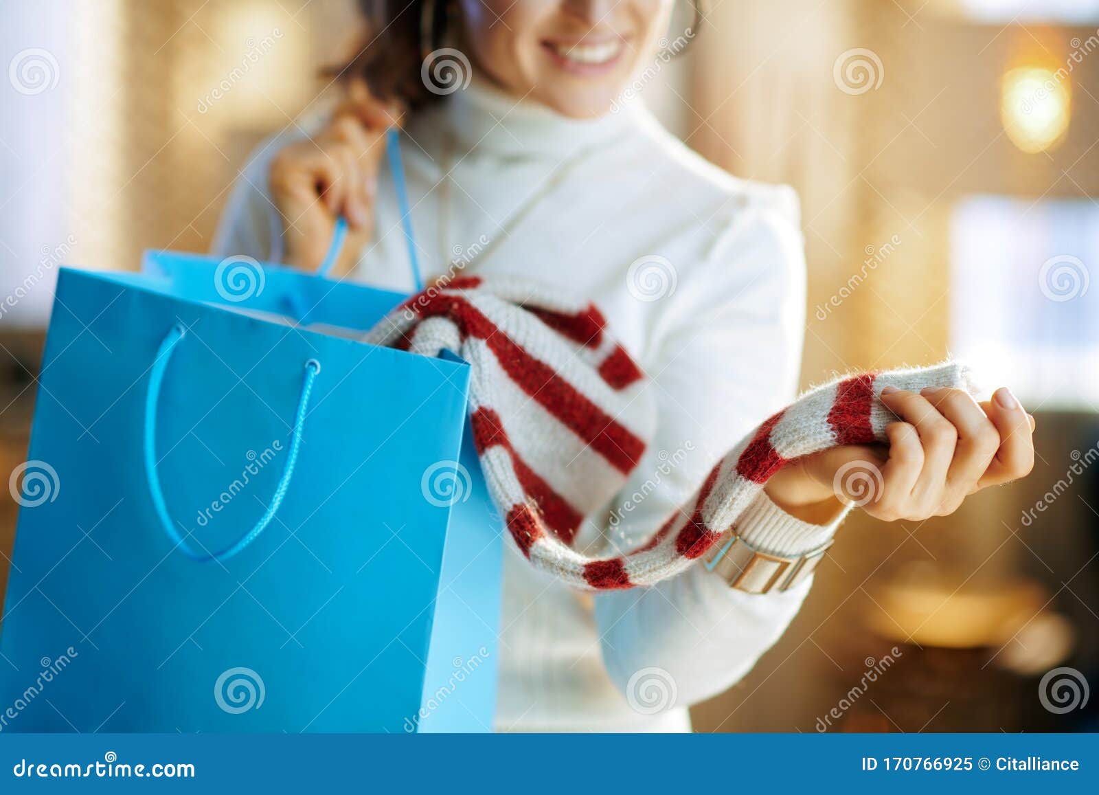 Closeup On Woman With Shopping Bag Checking Purchased Sweater Stock