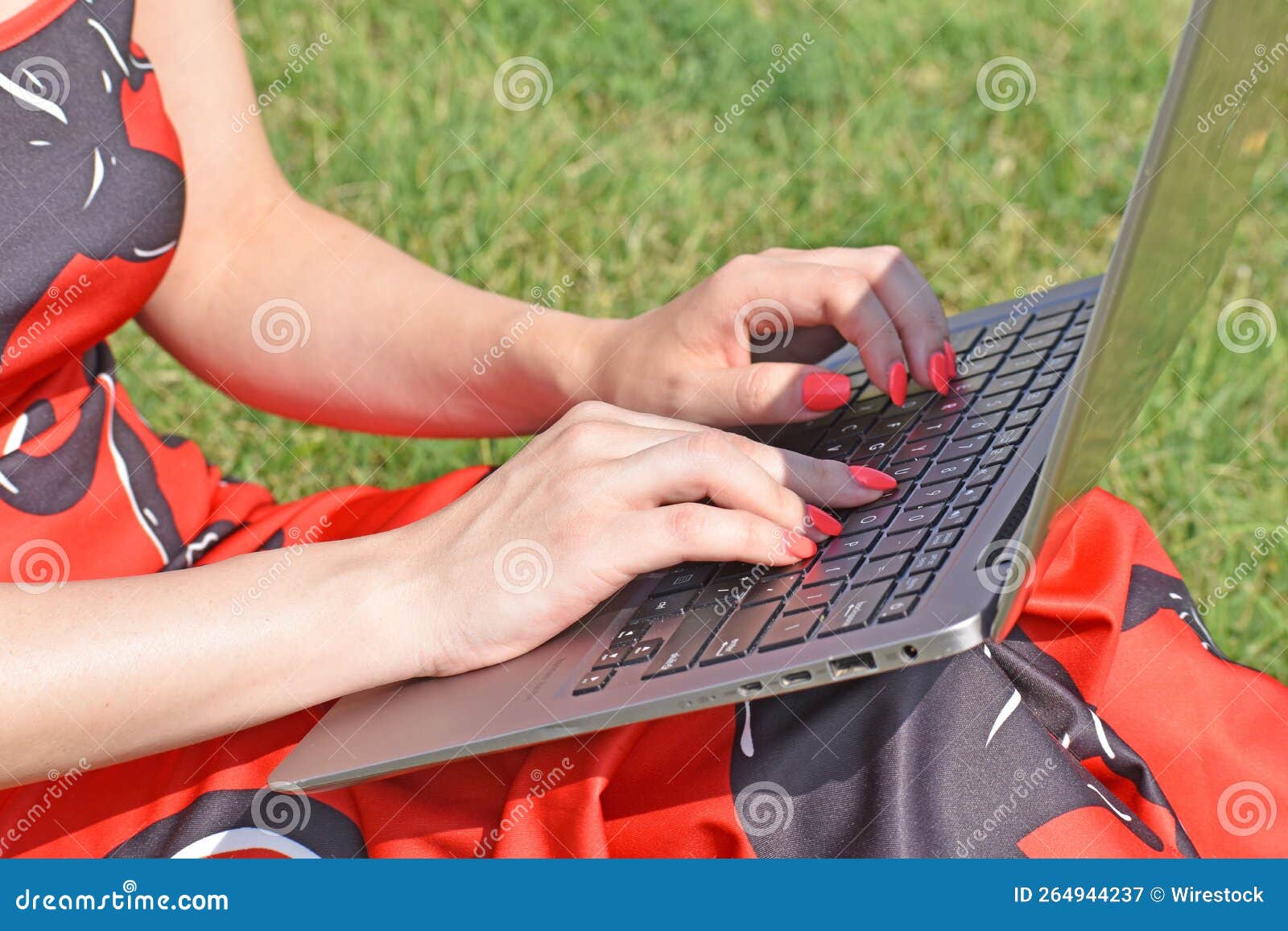 Closeup Of A Woman Sitting On Grass And Using Her Laptop Stock Image