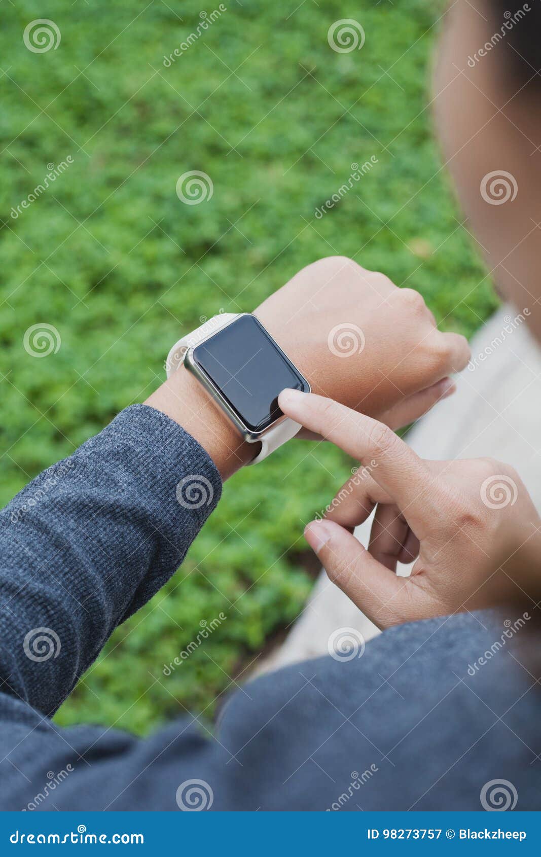 Closeup Woman Using Hand Touching on Smart Watch Stock Image - Image of ...