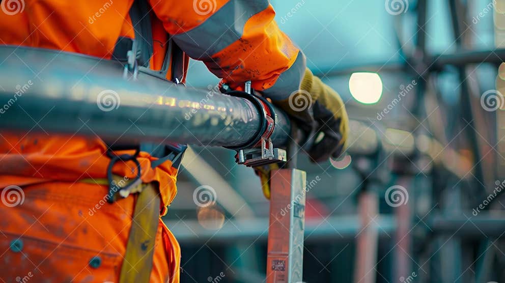 A Closeup of a Worker Securing a Section of Temporary Safety Railing ...
