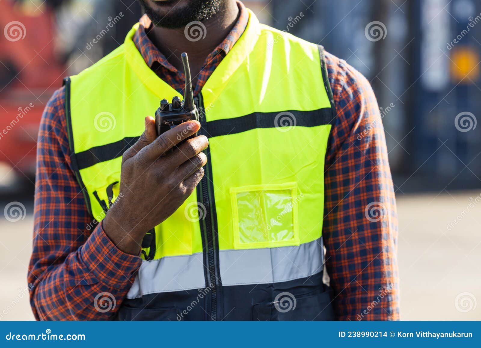 Closeup Worker Using Ham Radio for Operation Control in Cargo Port ...