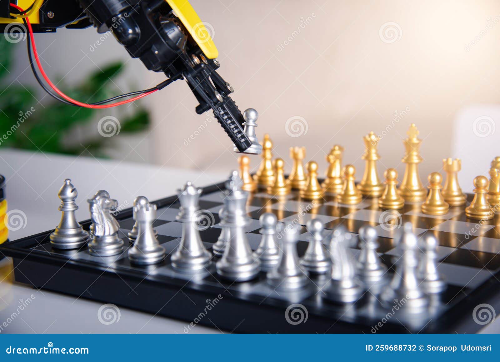 Closeup Yellow Robot Arm Playing Move Chess on Chessboard Stock Photo ...