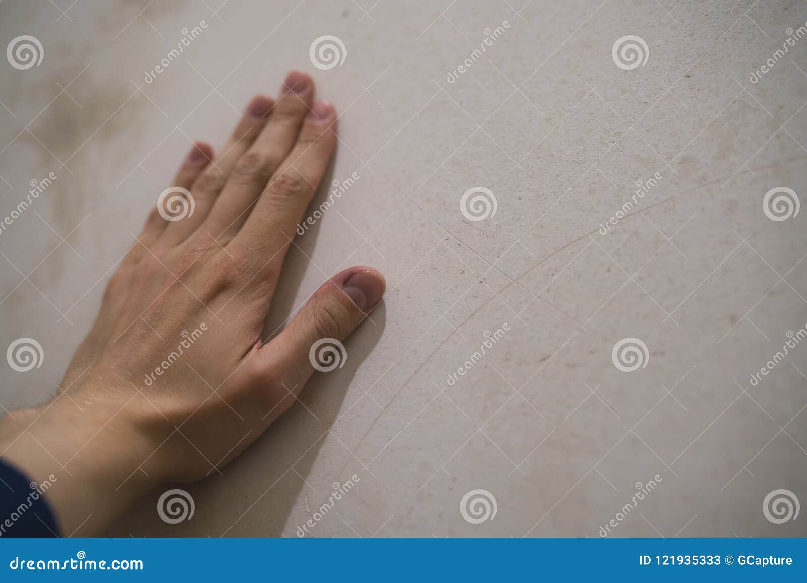 Closeup Young Man Hand Touching Plastered Wall Stock Image - Image of ...