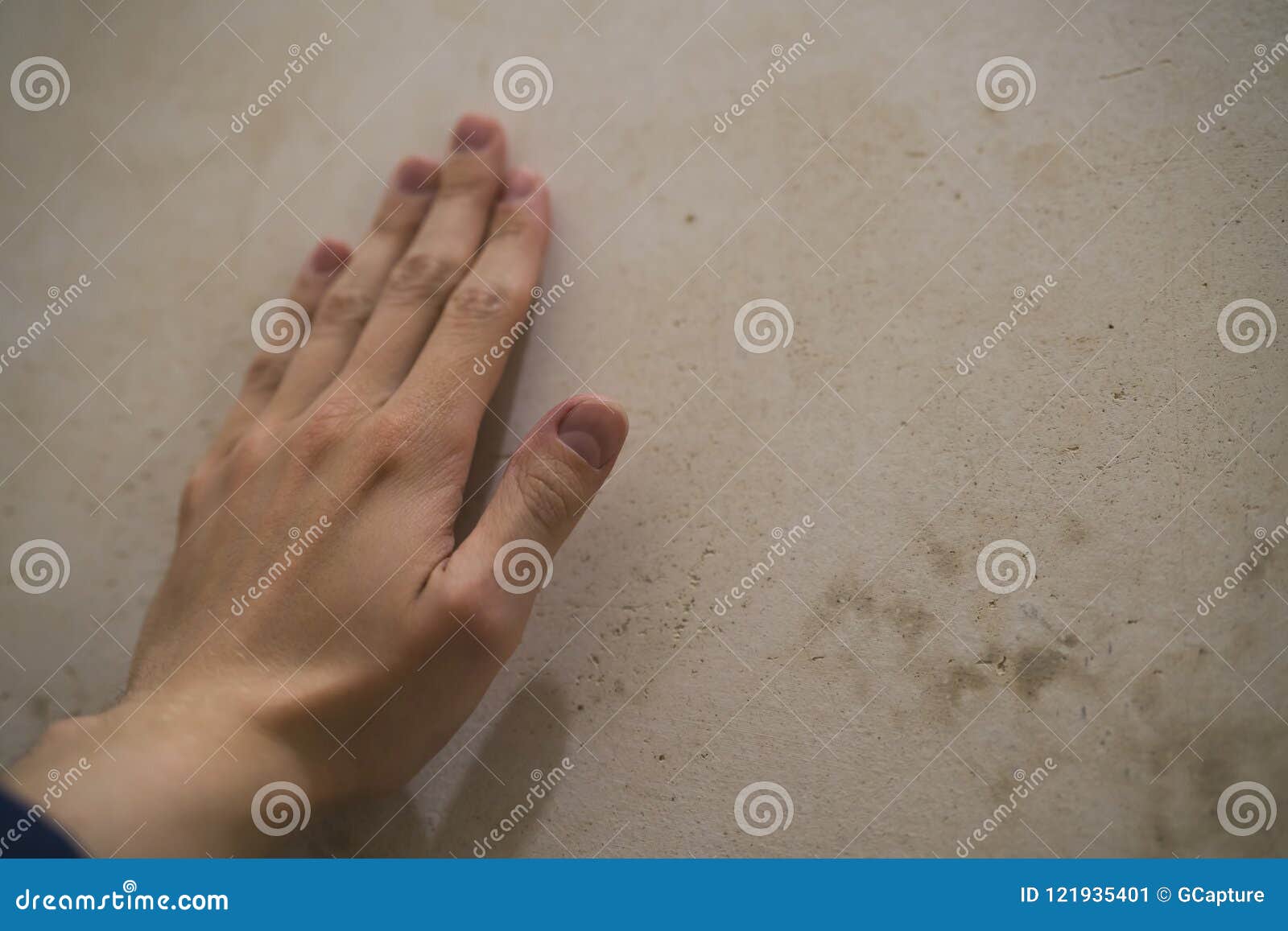 Closeup Young Man Hand Touching Plastered Wall Stock Image - Image of ...