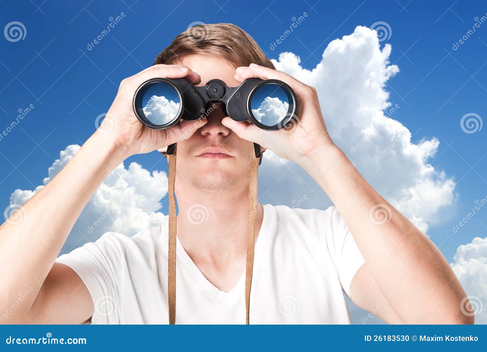 Closeup of Young Man Looking through Binoculars Stock Photo - Image of ...