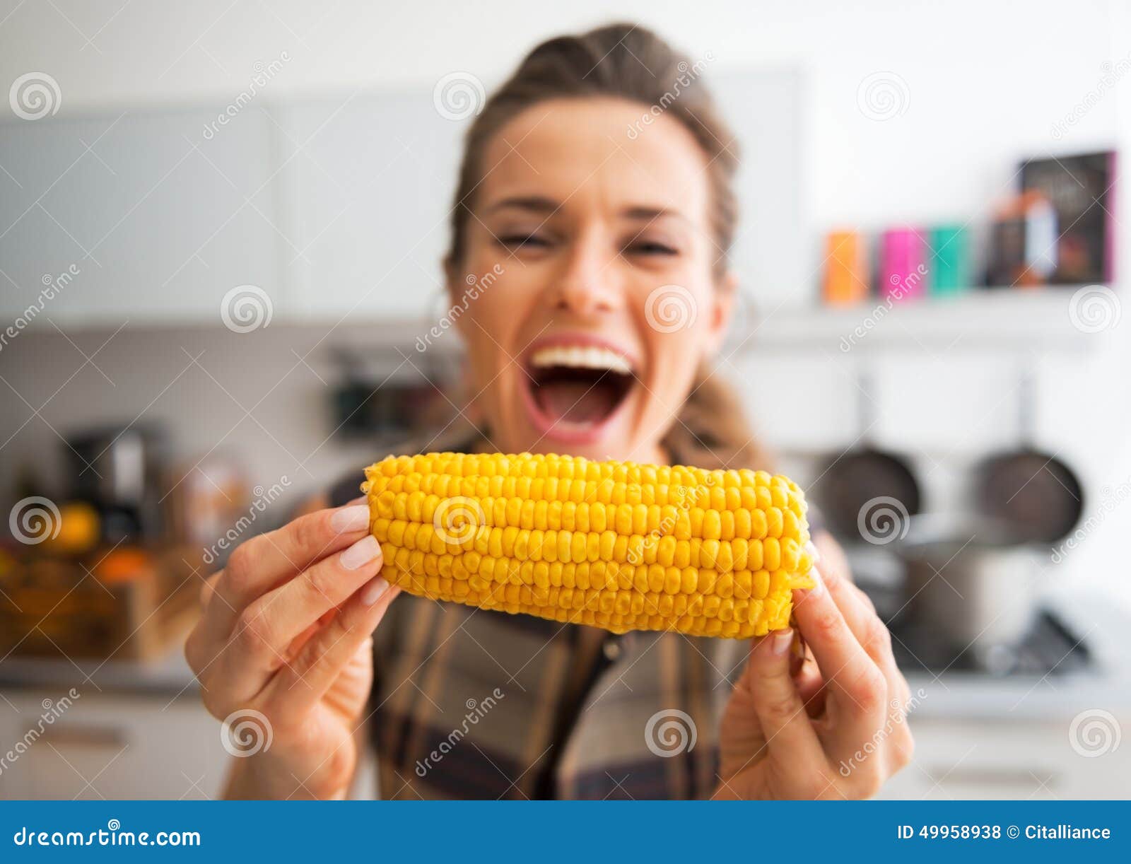 Closeup on Young Woman Eating Boiled Corn Stock Photo - Image of ...