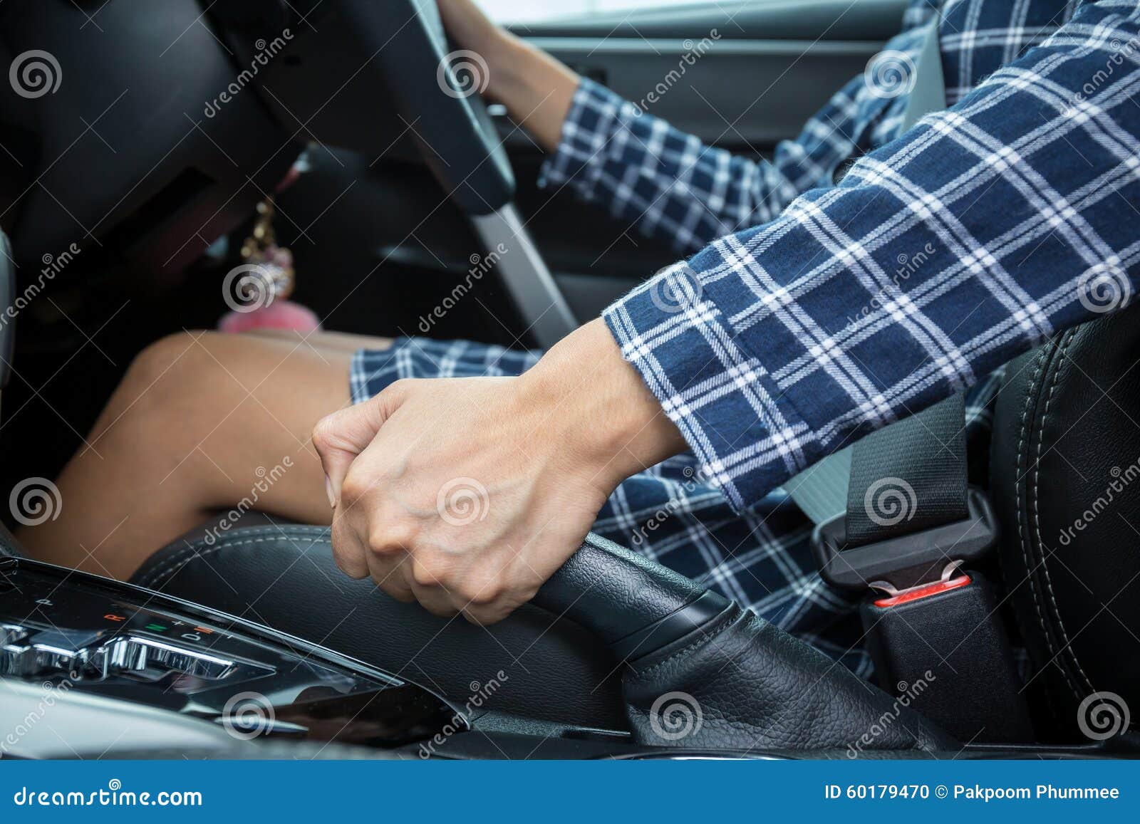 Closeup of Young Woman Pulling Handbrake Lever Stock Photo - Image of ...