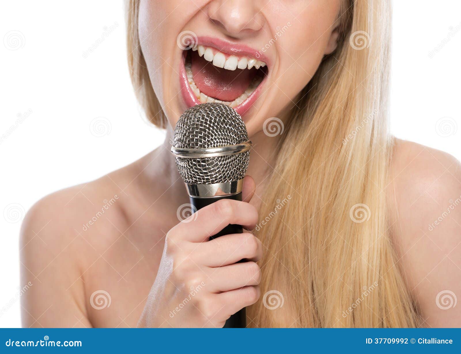 Closeup on Young Woman Singing with Microphone Stock Photo - Image of ...