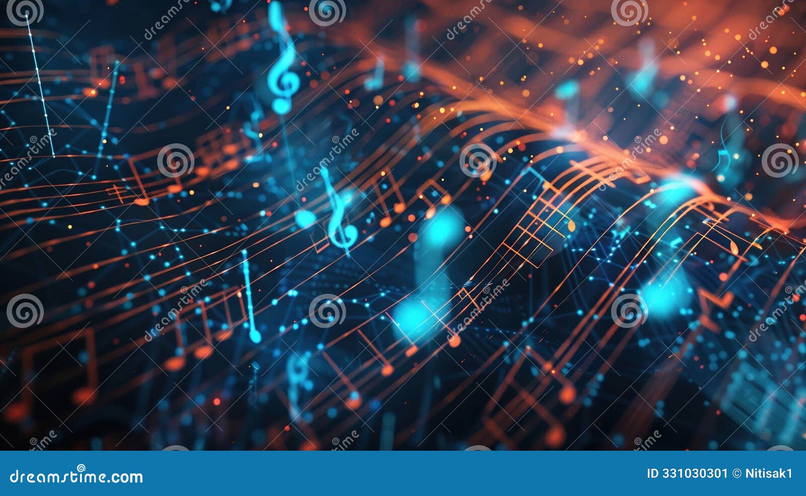 CloseupA Dynamic Wireframe Mesh Composition of Musical Notes and Sound ...