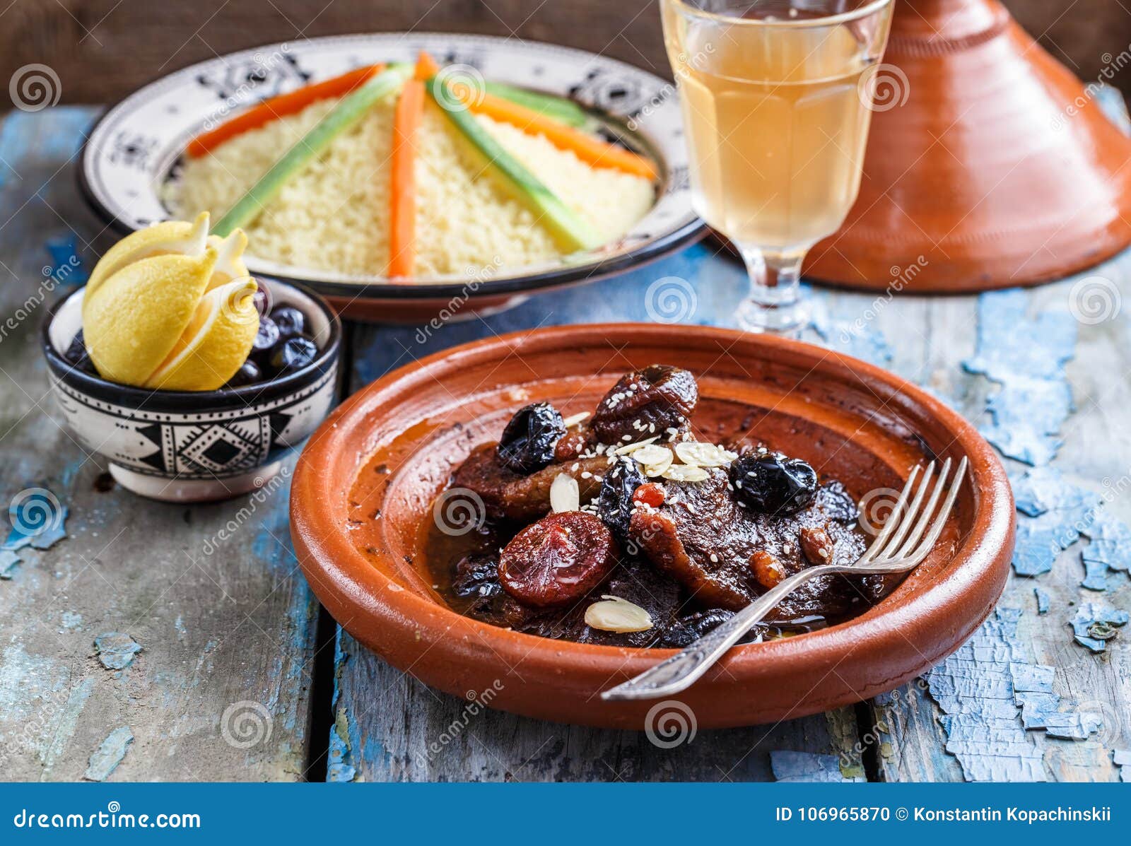 Closeview of Tajine of Beef with Prunes and Almonds. in Tradiotional ...