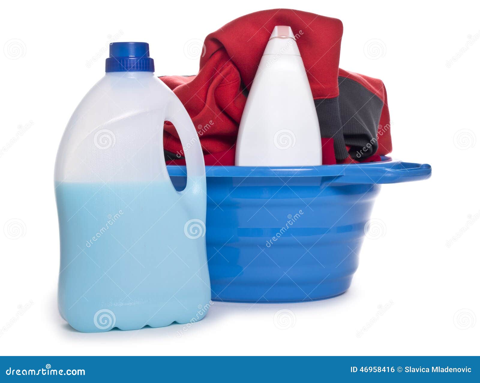 Clothes with Detergent and Washing Powder in Plastic Basket Stock Photo ...