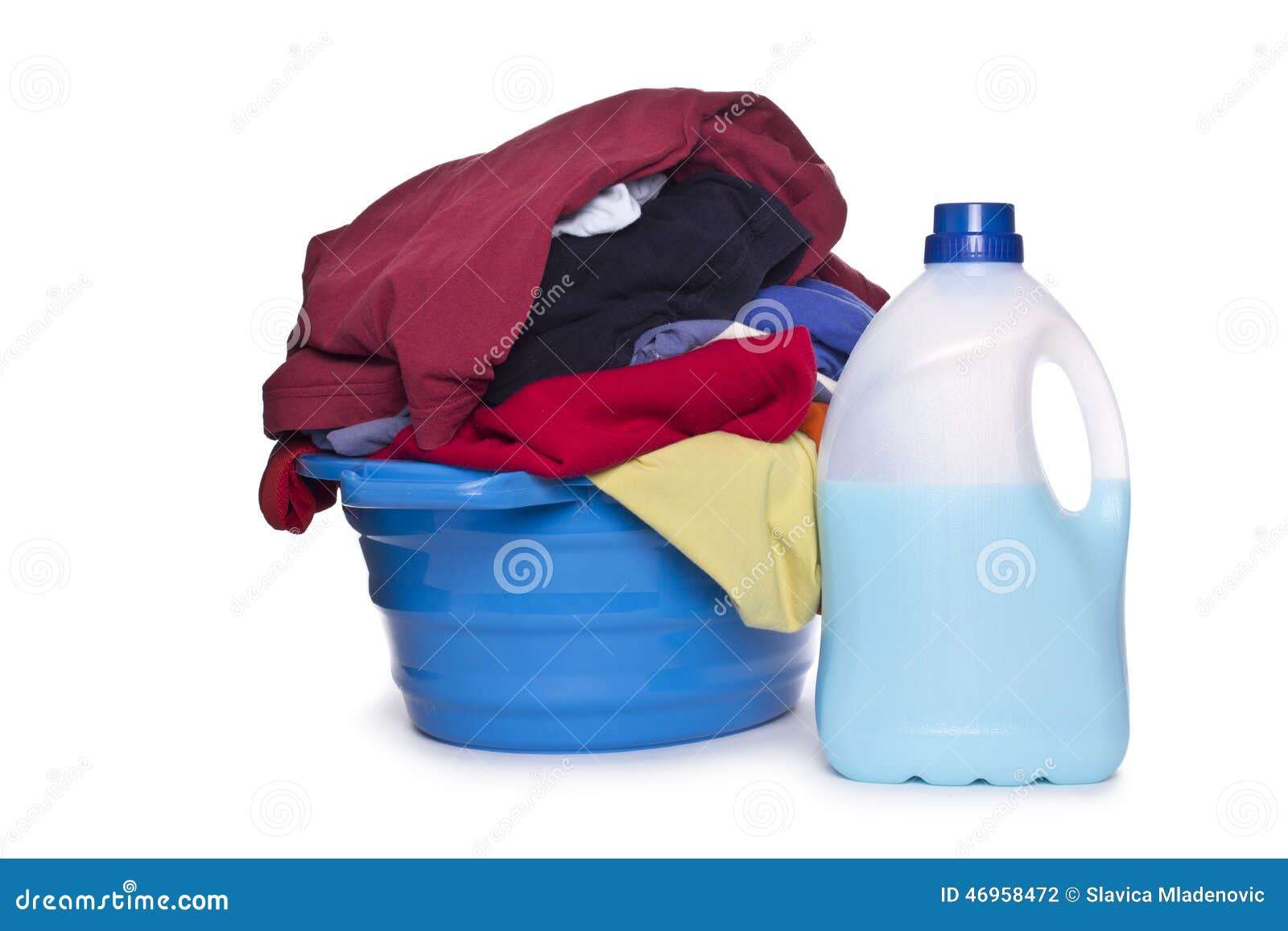 Clothes with Detergent and Washing Powder in Plastic Basket Stock Photo ...