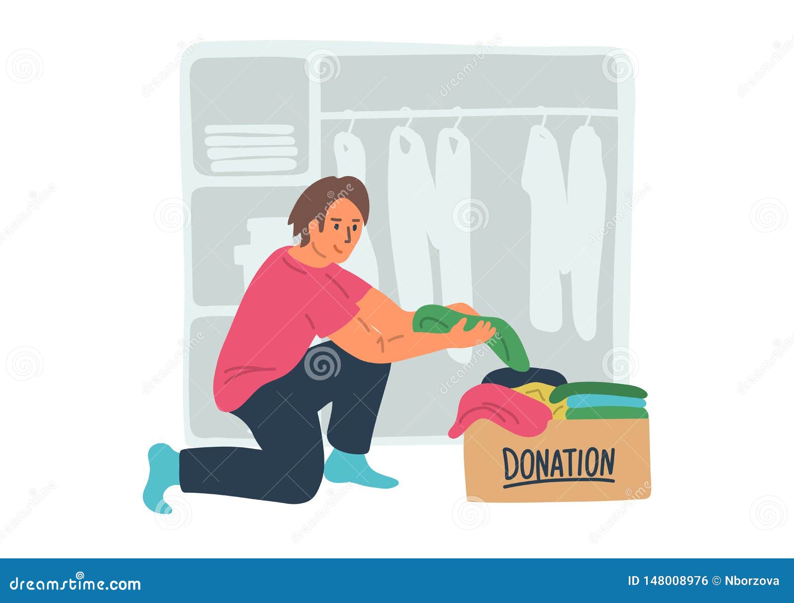 Clothes Donation Young Man Putting Clothes To Donation Box Stock