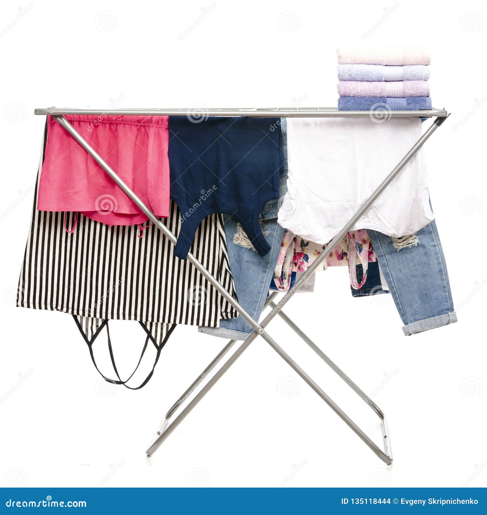 The Clothes Drying Rack with Clean Clothes Stack Towels Stock Photo ...