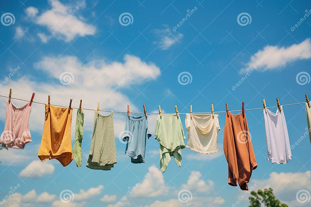 Clothes drying on a wire stock photo. Image of domestic - 285442230