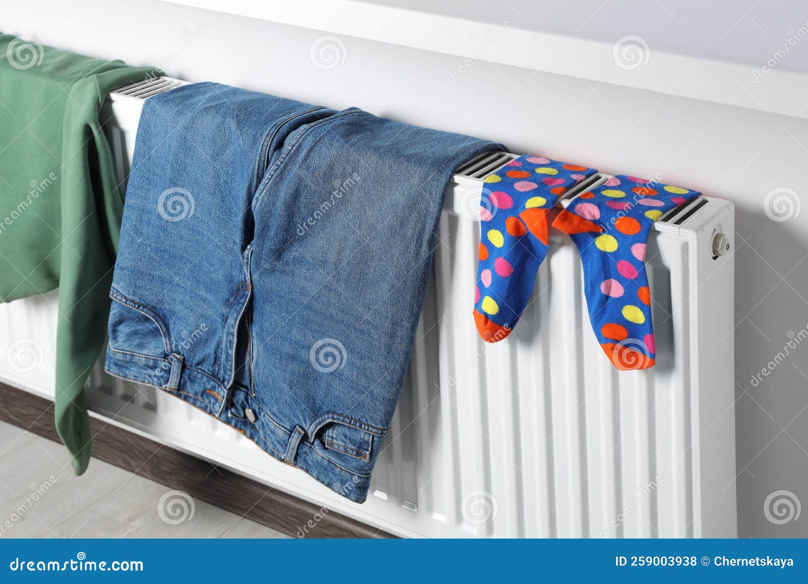 Clothes Hanging on White Radiator in Room Stock Photo - Image of heater ...