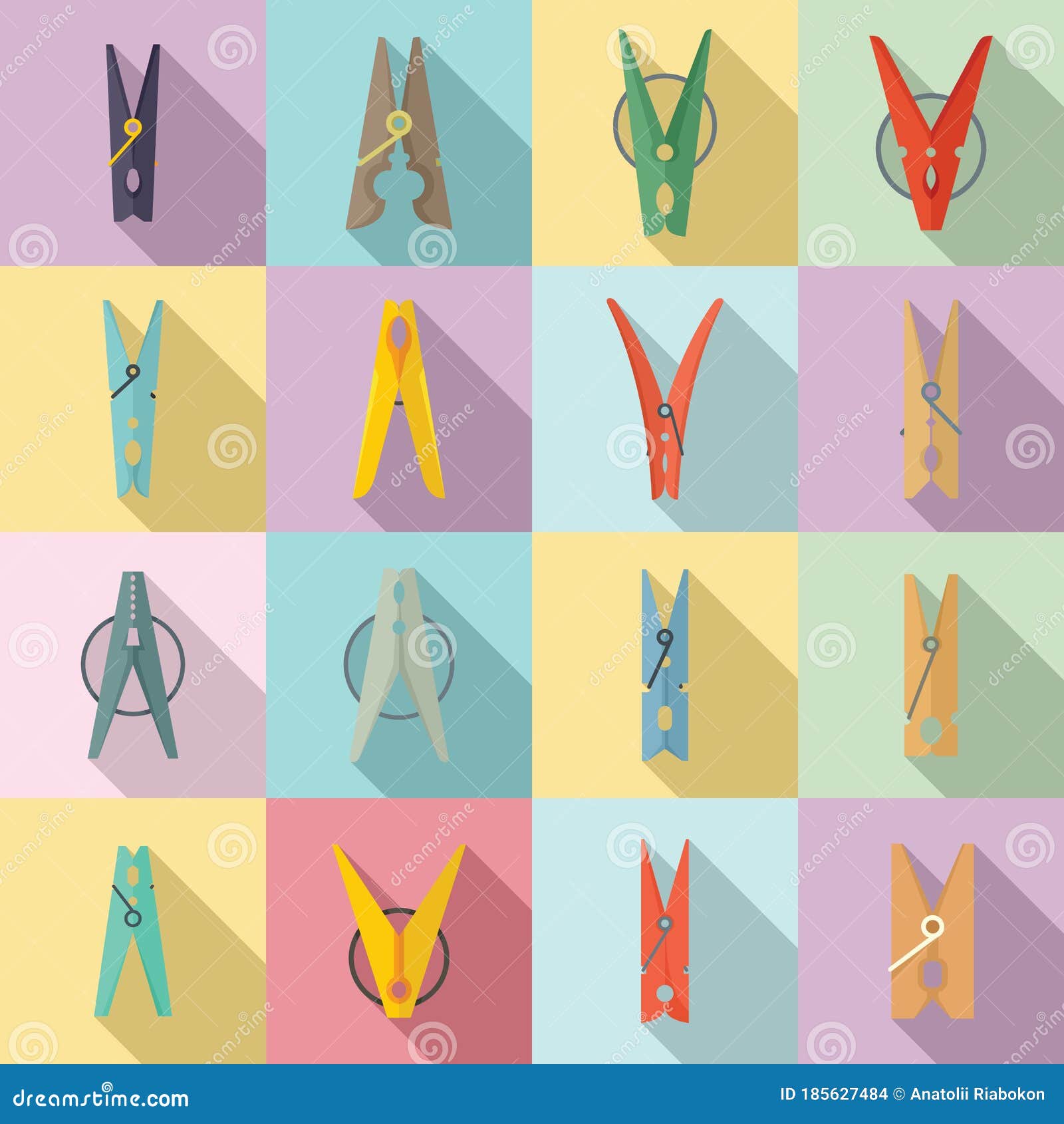 Clothes Pins Icons Set, Flat Style Stock Vector - Illustration of ...