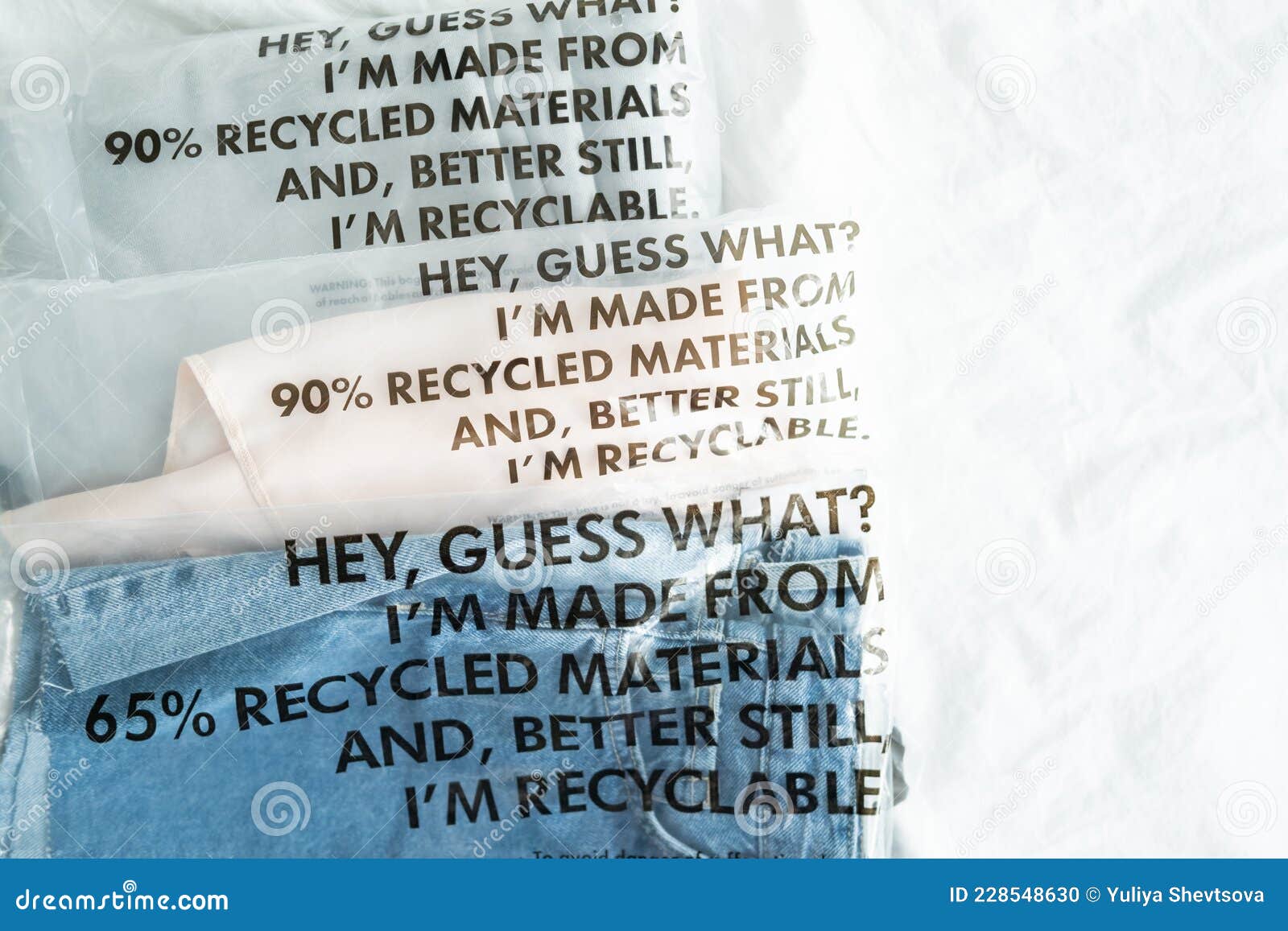 Clothes in Plastic Bag with Tag Recycled Materials and Recyclable. Zero ...