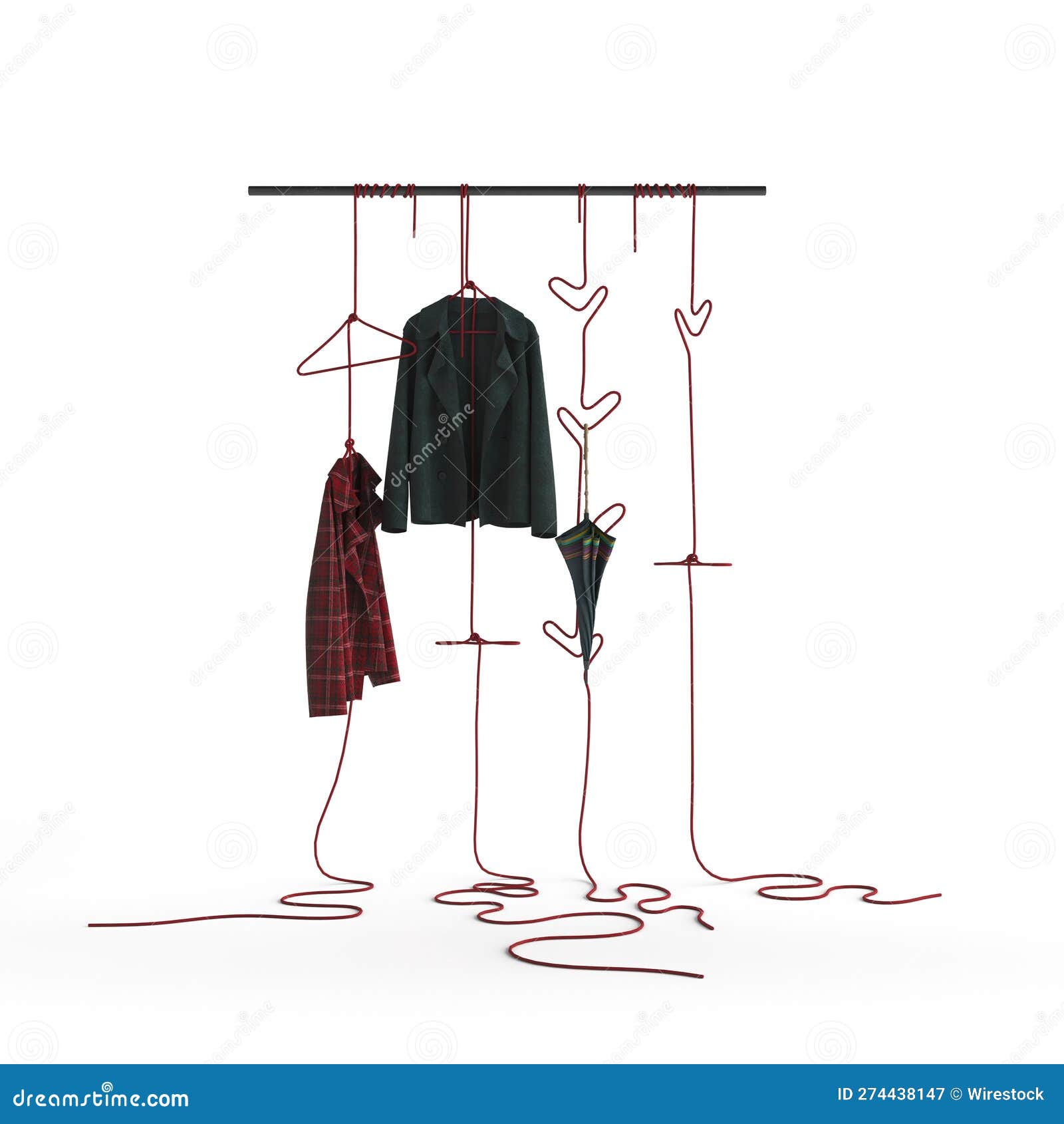 Clothes Rack Filled with Jackets, Draped with Red Strings, 3D Rendered ...