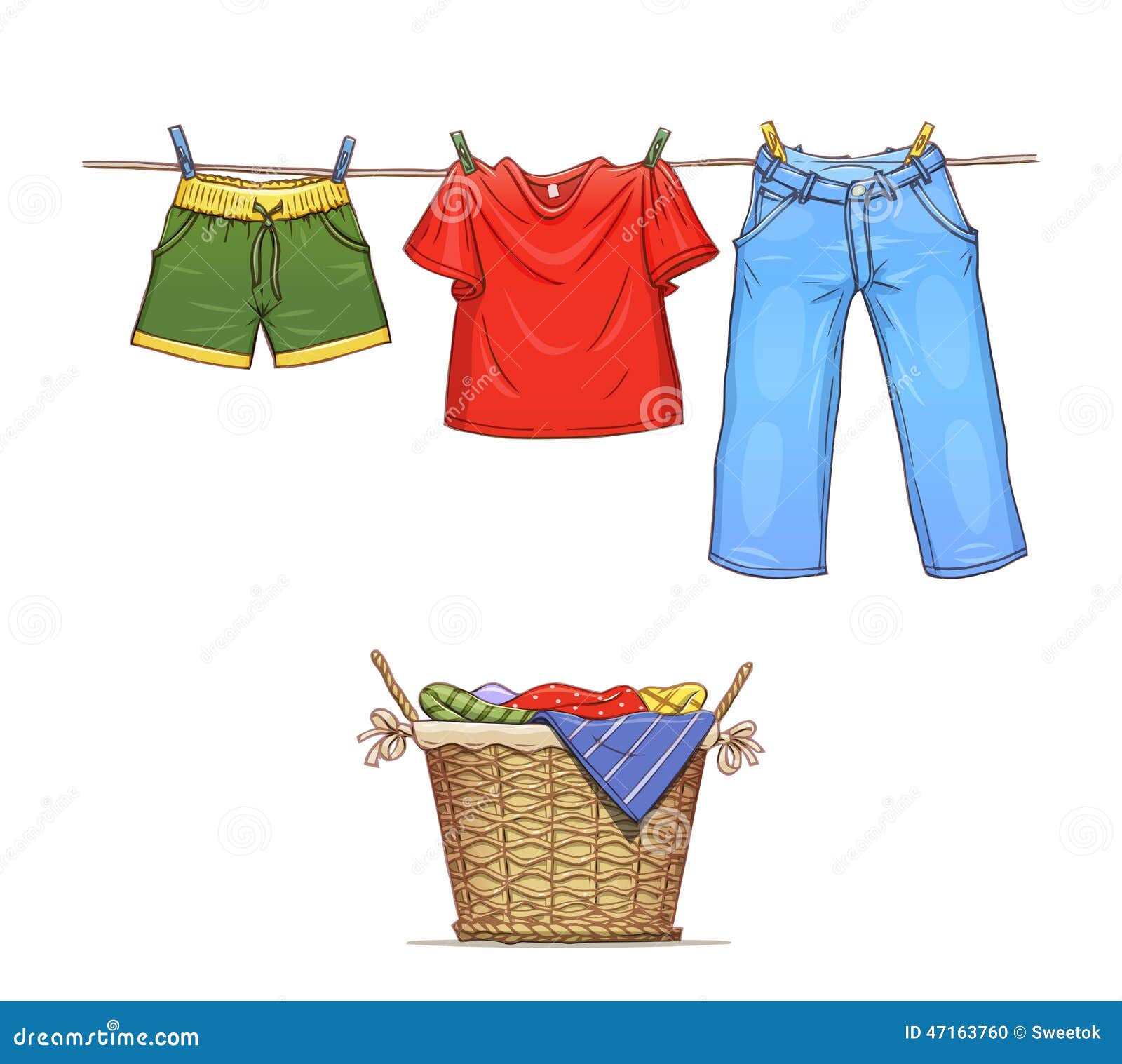 Clothes on Rope and Basket with Wear Stock Illustration - Illustration ...