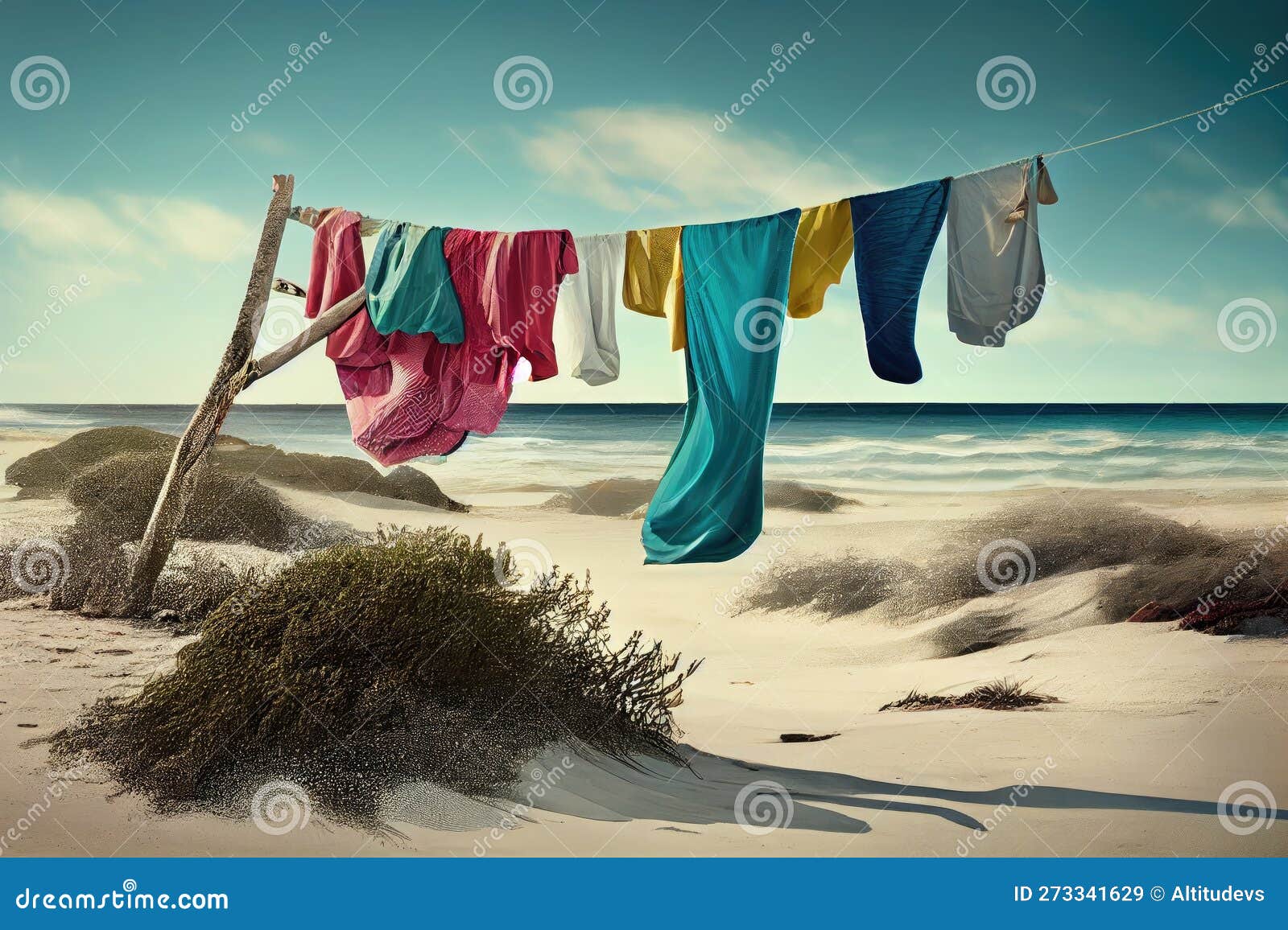 A Clothesline with Clothes Fluttering in the Wind on a Beach Stock ...