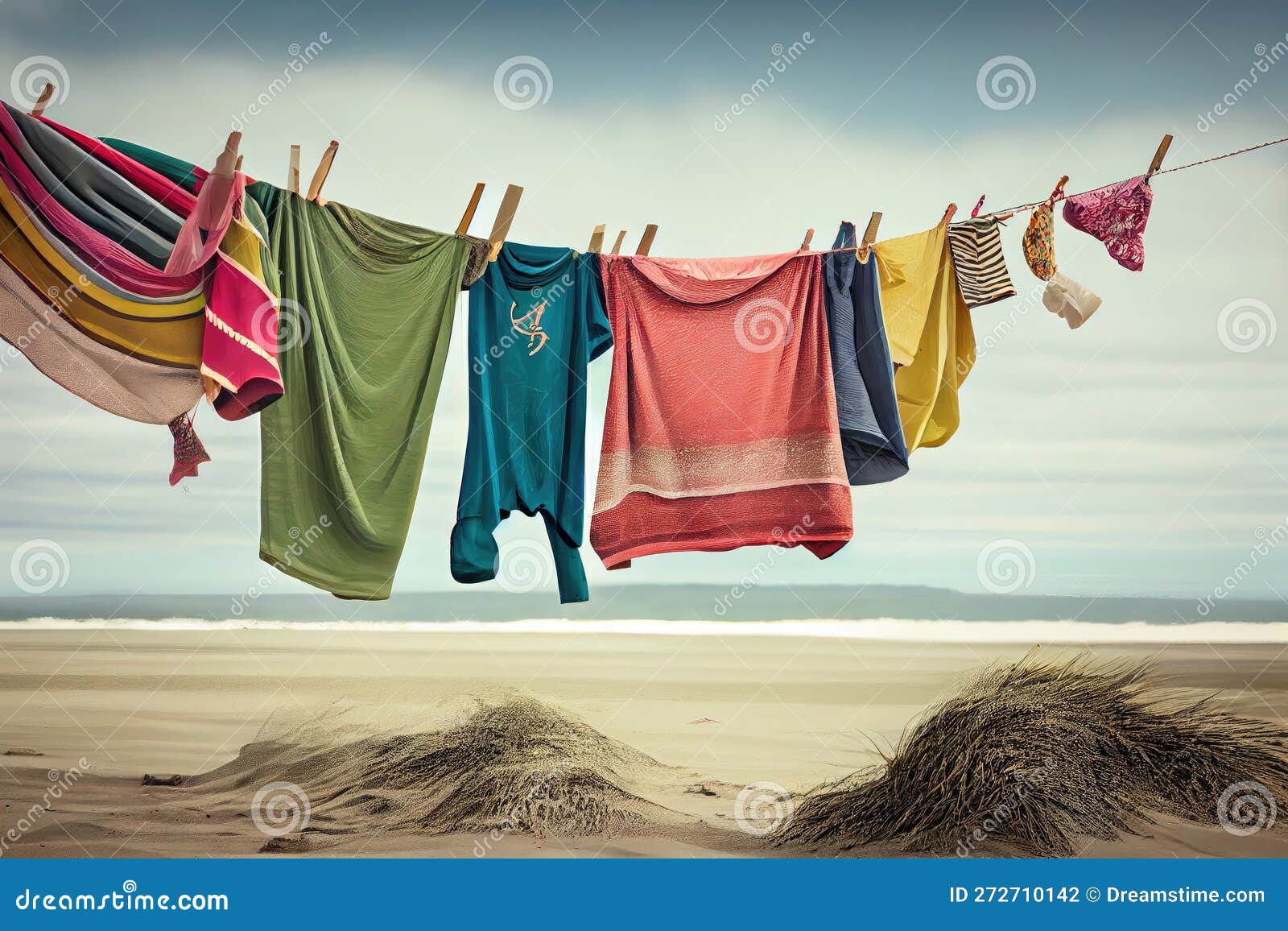 A Clothesline with Clothes Fluttering in the Wind on a Beach Stock ...