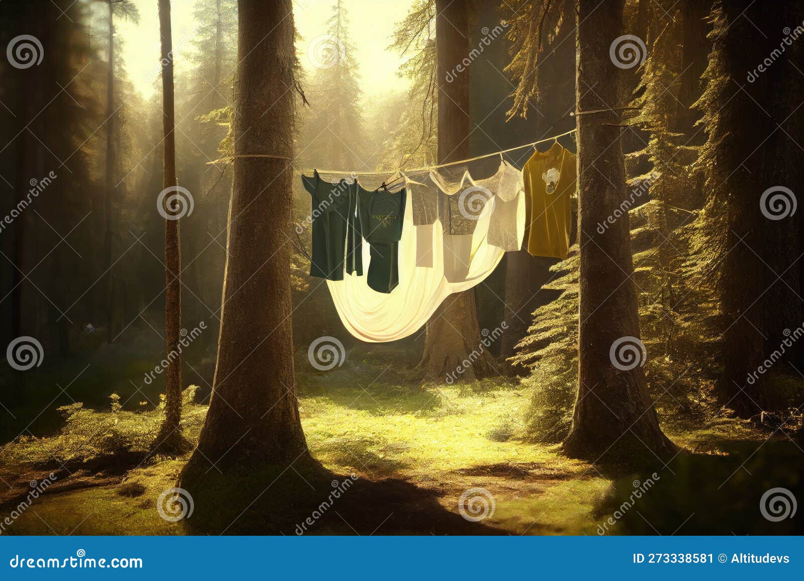 Clothesline in Forest, with the Breeze Blowing through the Trees Stock ...