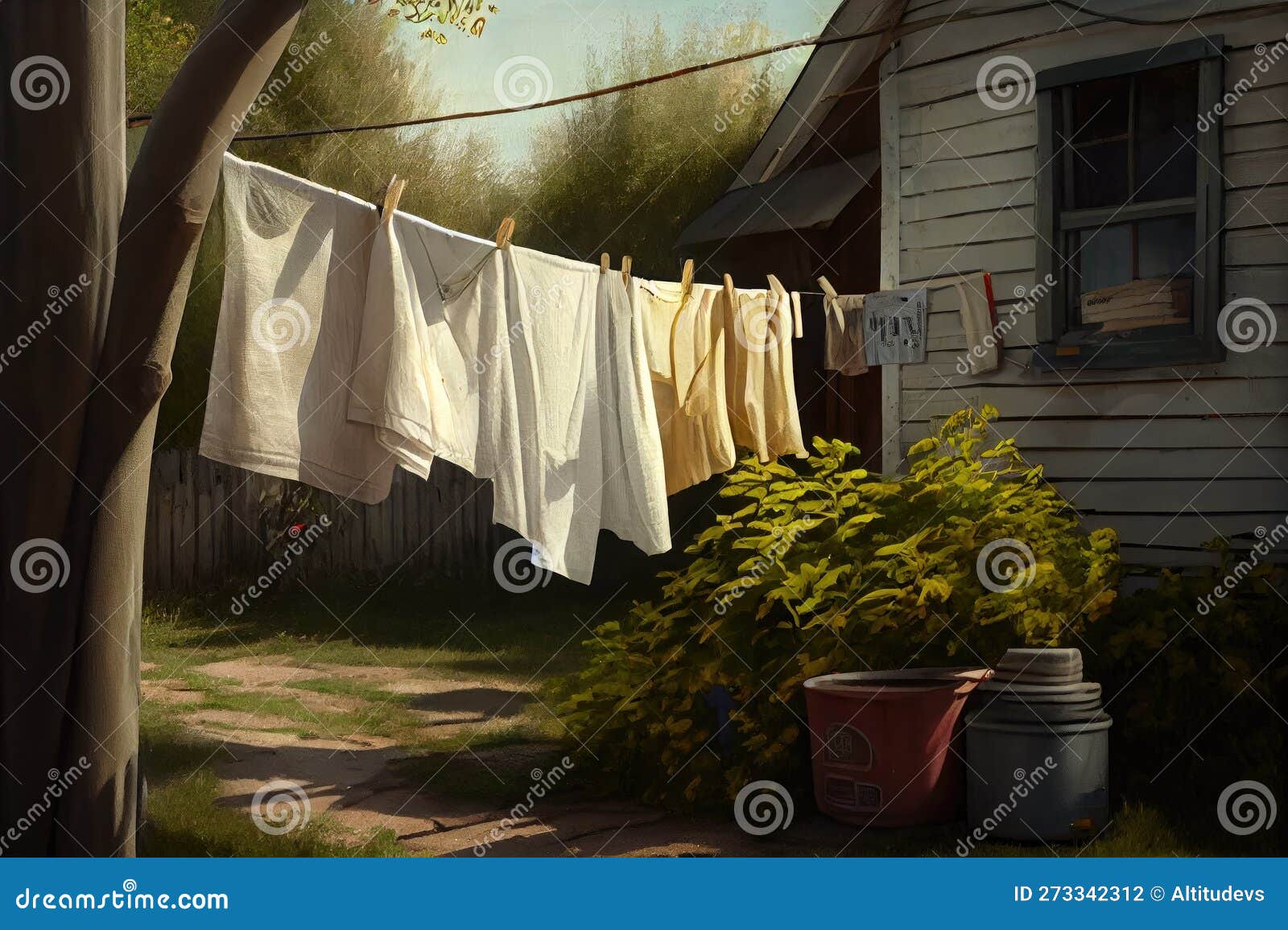 Clothesline with Freshly Laundered Linens, Ready for Use Stock Photo ...