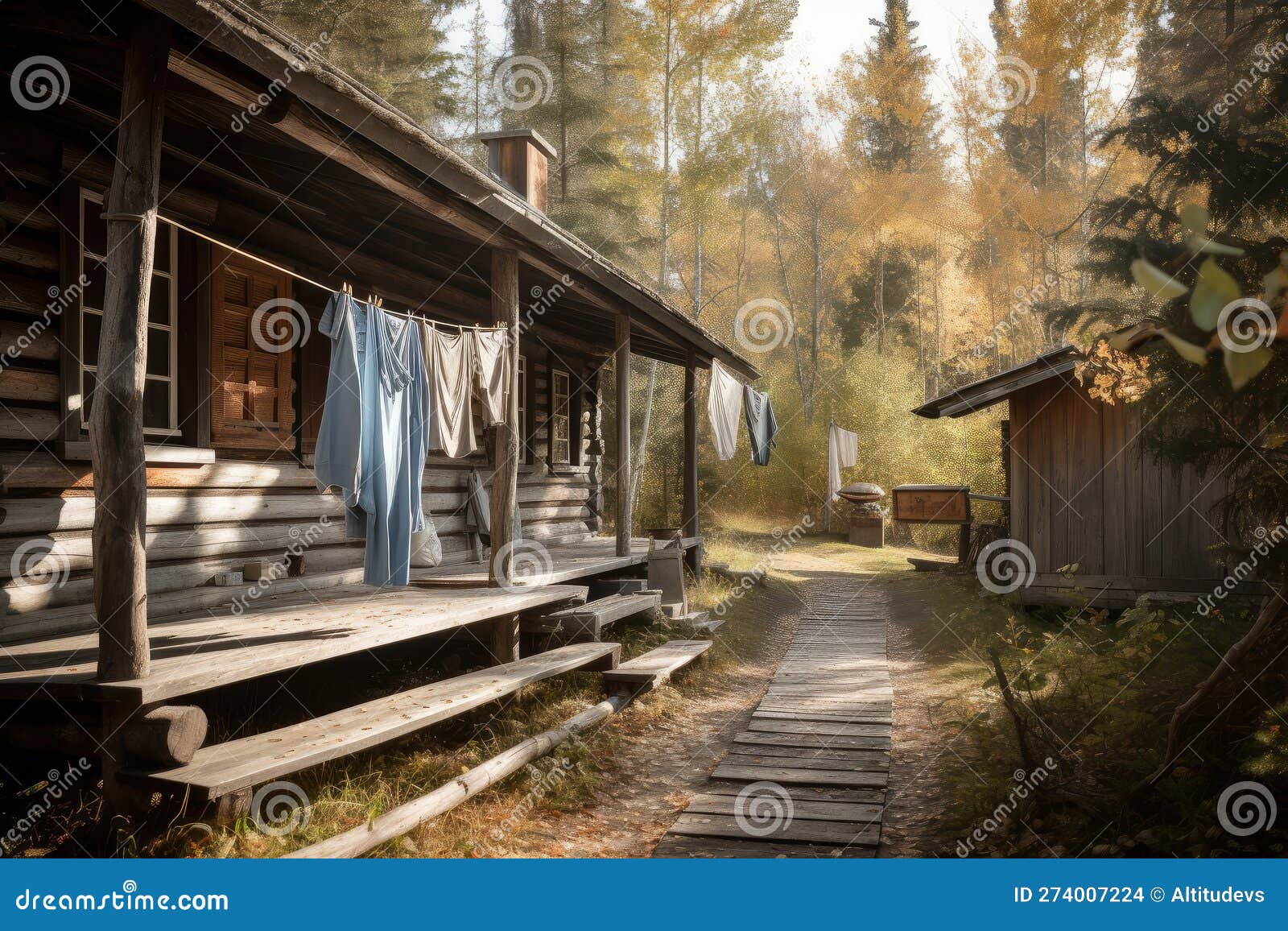 Clothesline in Front of Rustic Cabin, with View of the Woods Stock ...