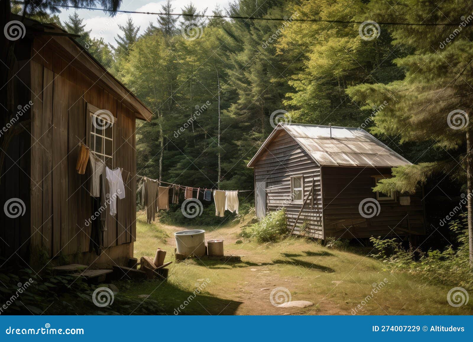 Clothesline in Front of Rustic Cabin, with View of the Woods Stock ...