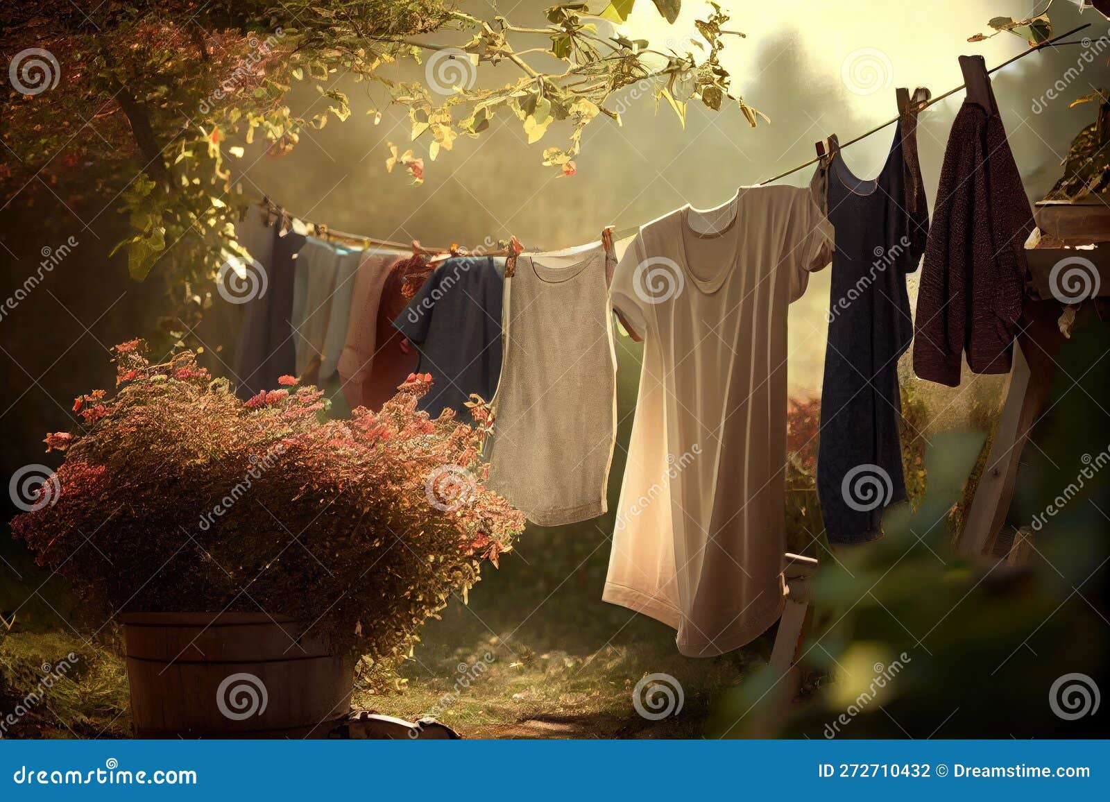 Clothesline in a Garden, with Freshly Washed and Dried Clothes Stock ...