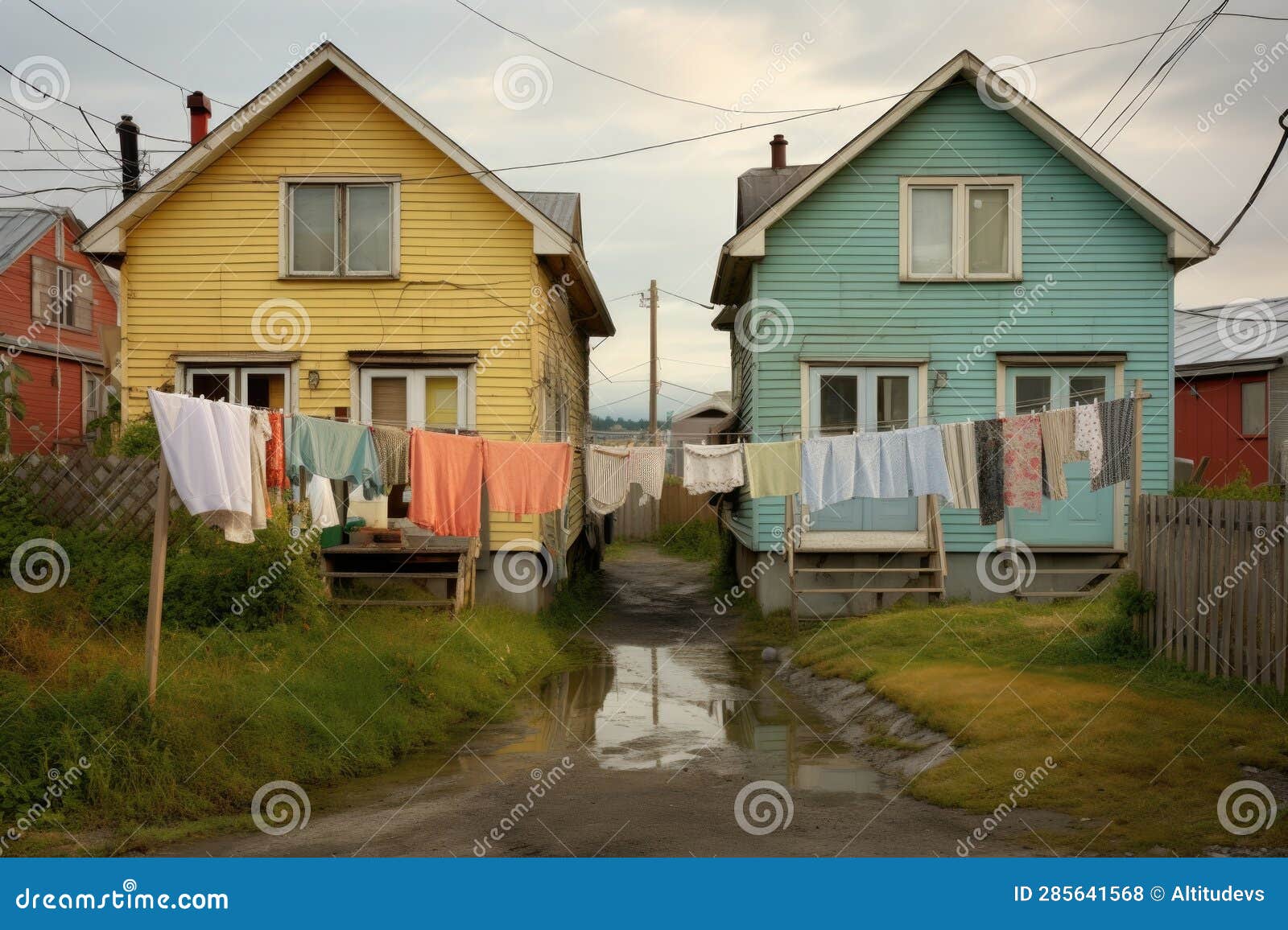 Clothesline between Two Eco-friendly Houses Stock Photo - Image of ...