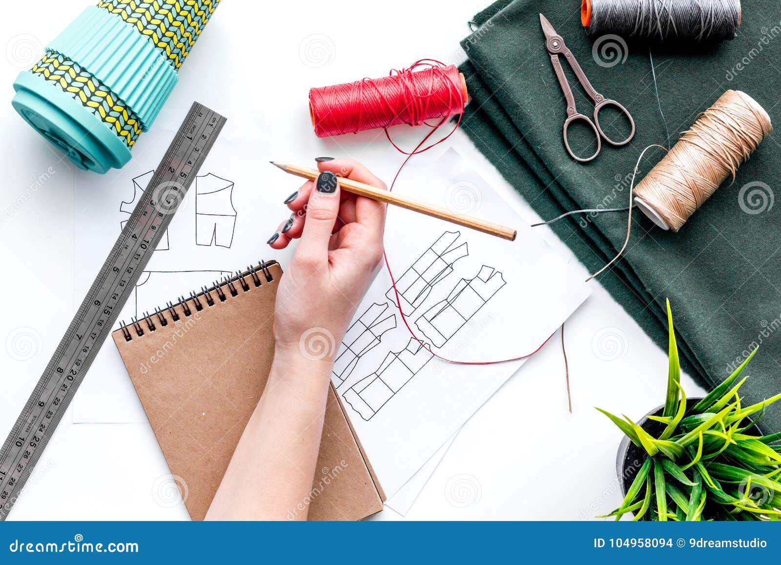 Clothing Designer Hands` Draw the Pattern. White Background Top View ...