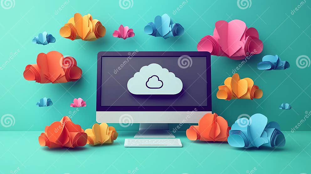 Cloud Application Deployment Process Shown in Flat Design Illustration. Colorful Paper Clouds ...