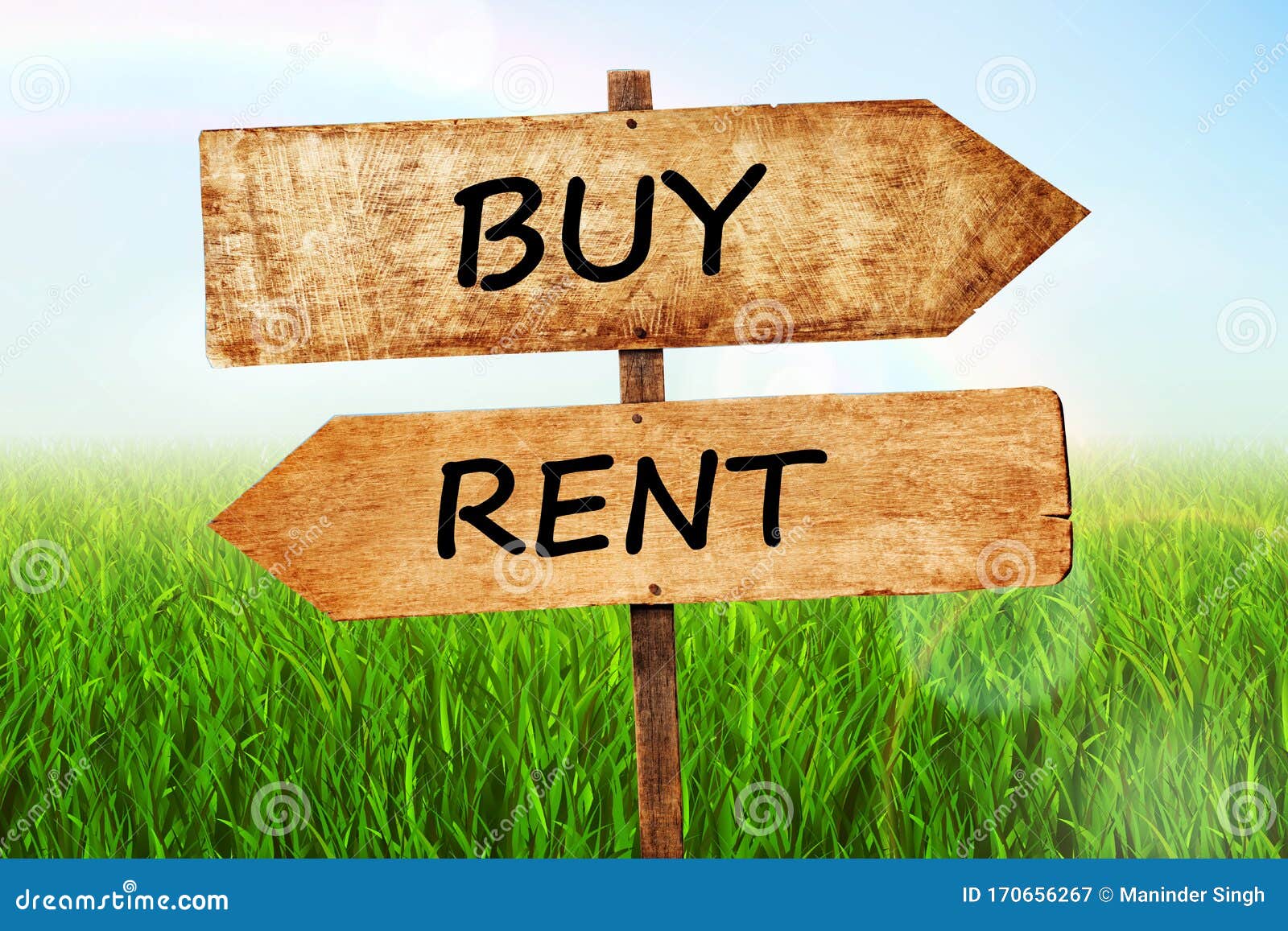 Buy or rent signpost. stock image. Image of blue, wooden - 170656267