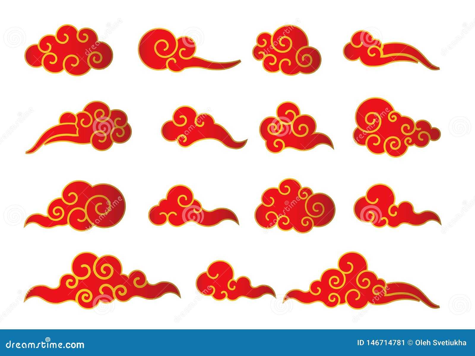 Cloud in Chinese Style. Abstract Red and Gold Cloudy Set Isolated on ...
